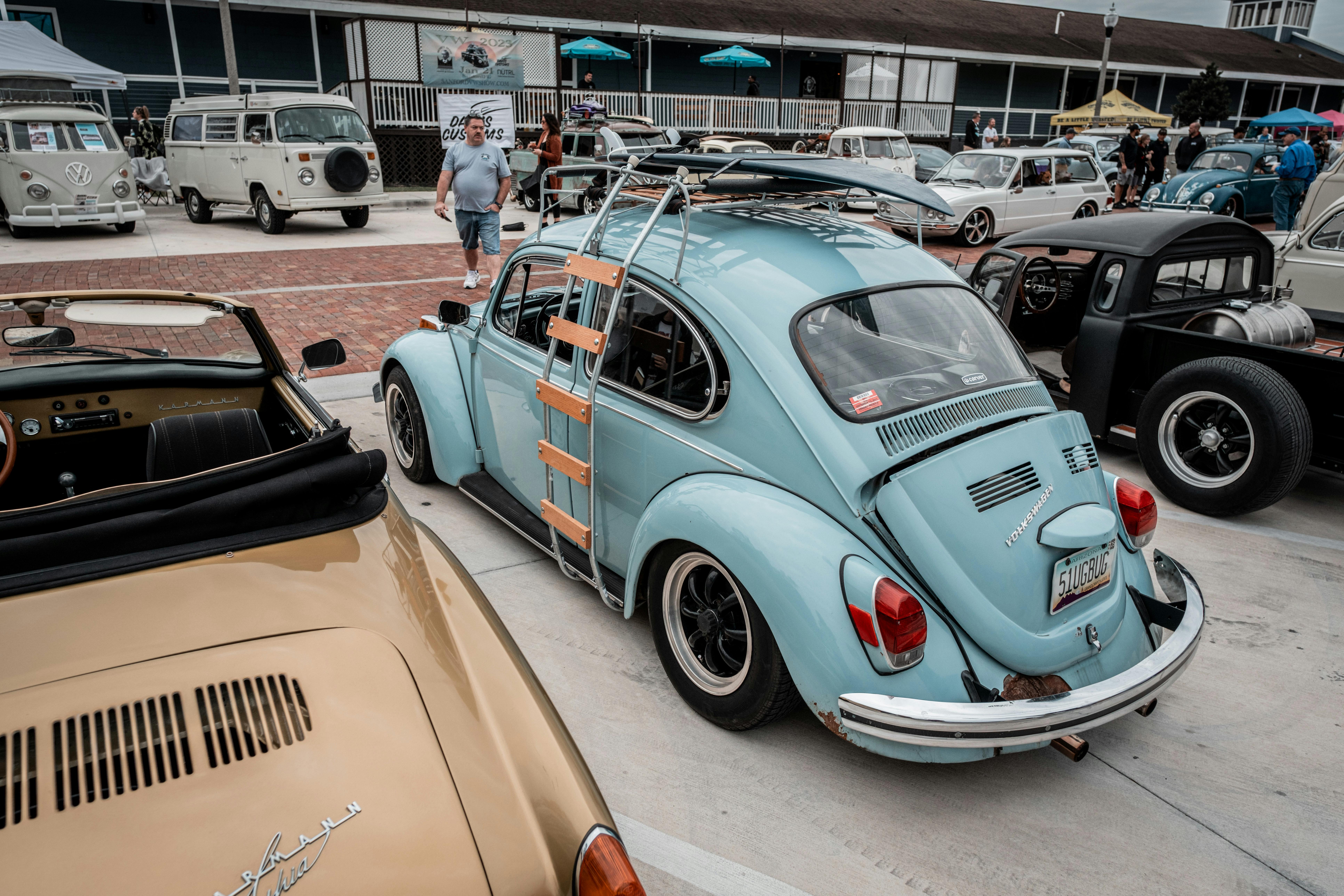 Blue Old-fashioned Volkswagen Beetle with Ladder on Roof Trunk · Free ...