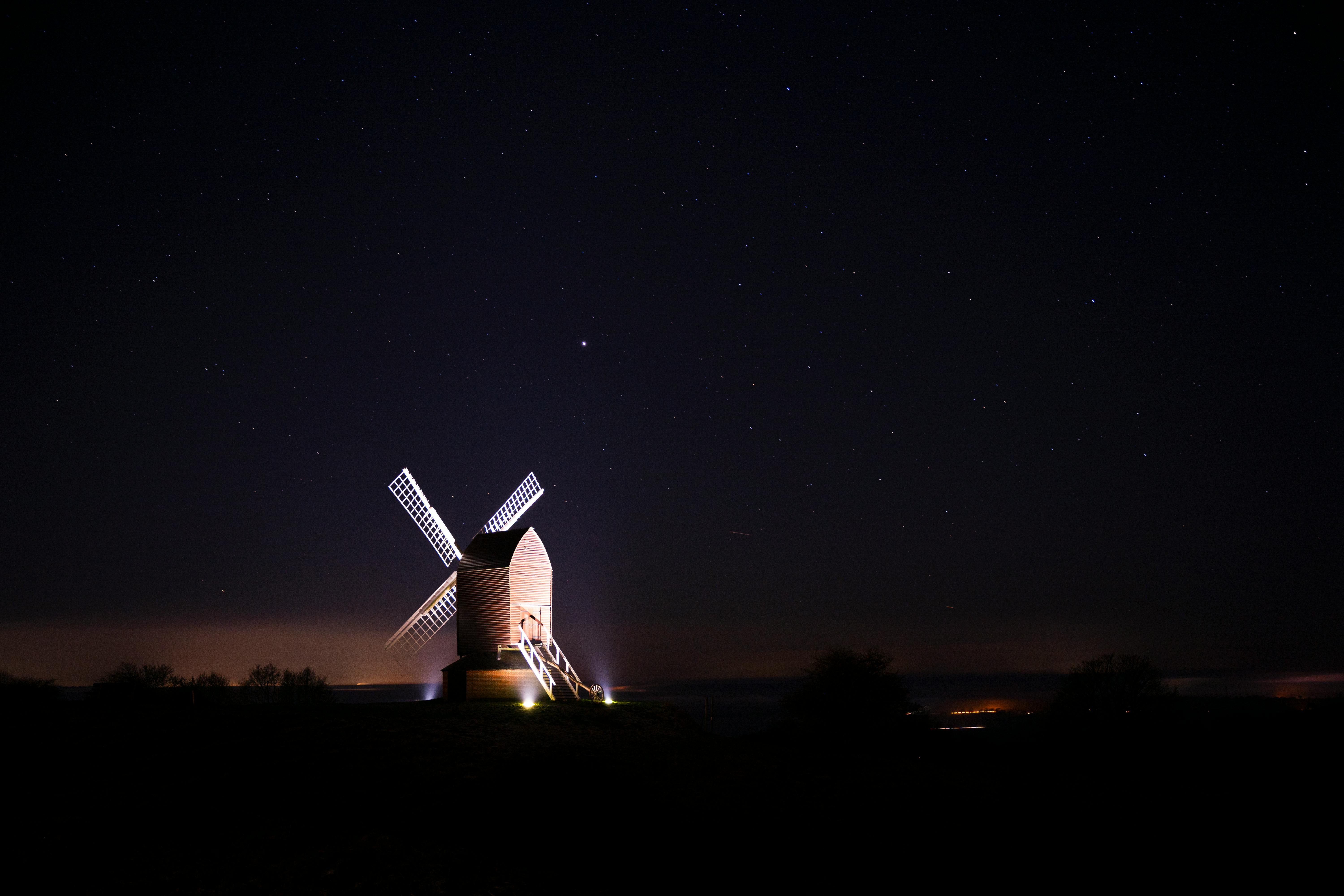 Illuminated Windmill at Night · Free Stock Photo