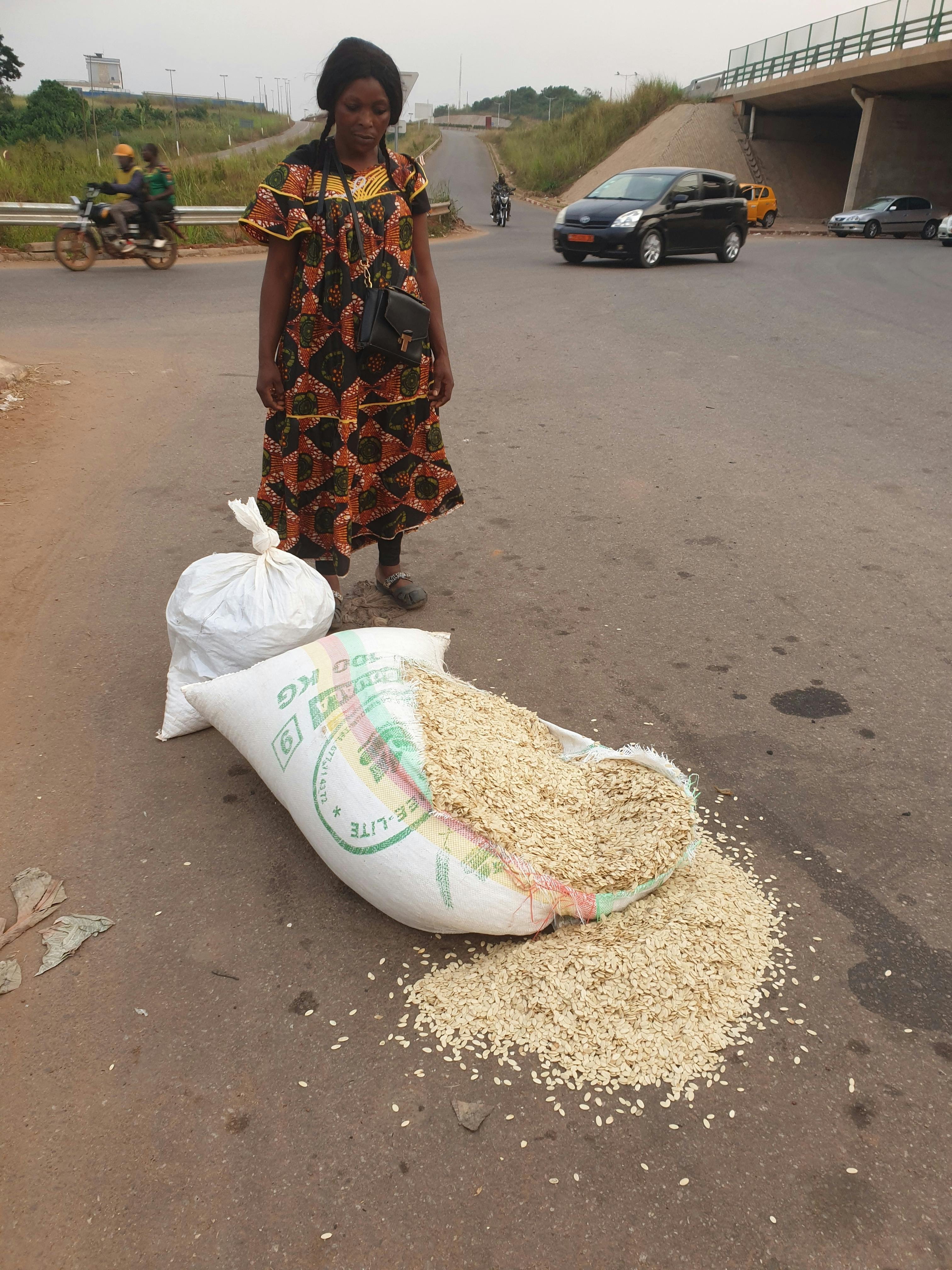 Woman Standing over the Ripped Sack with Grain · Free Stock Photo