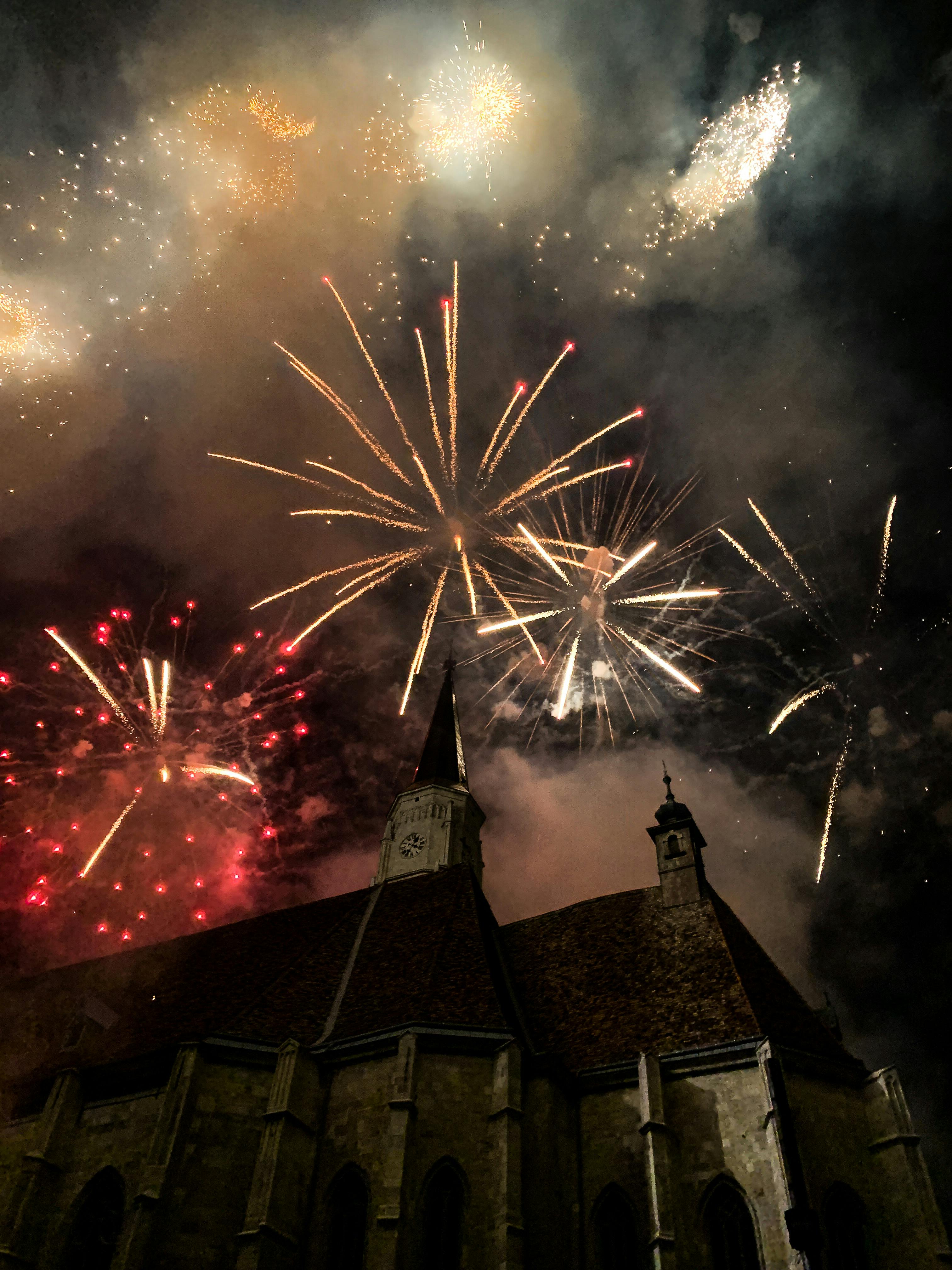 Fireworks over Gothic Church · Free Stock Photo