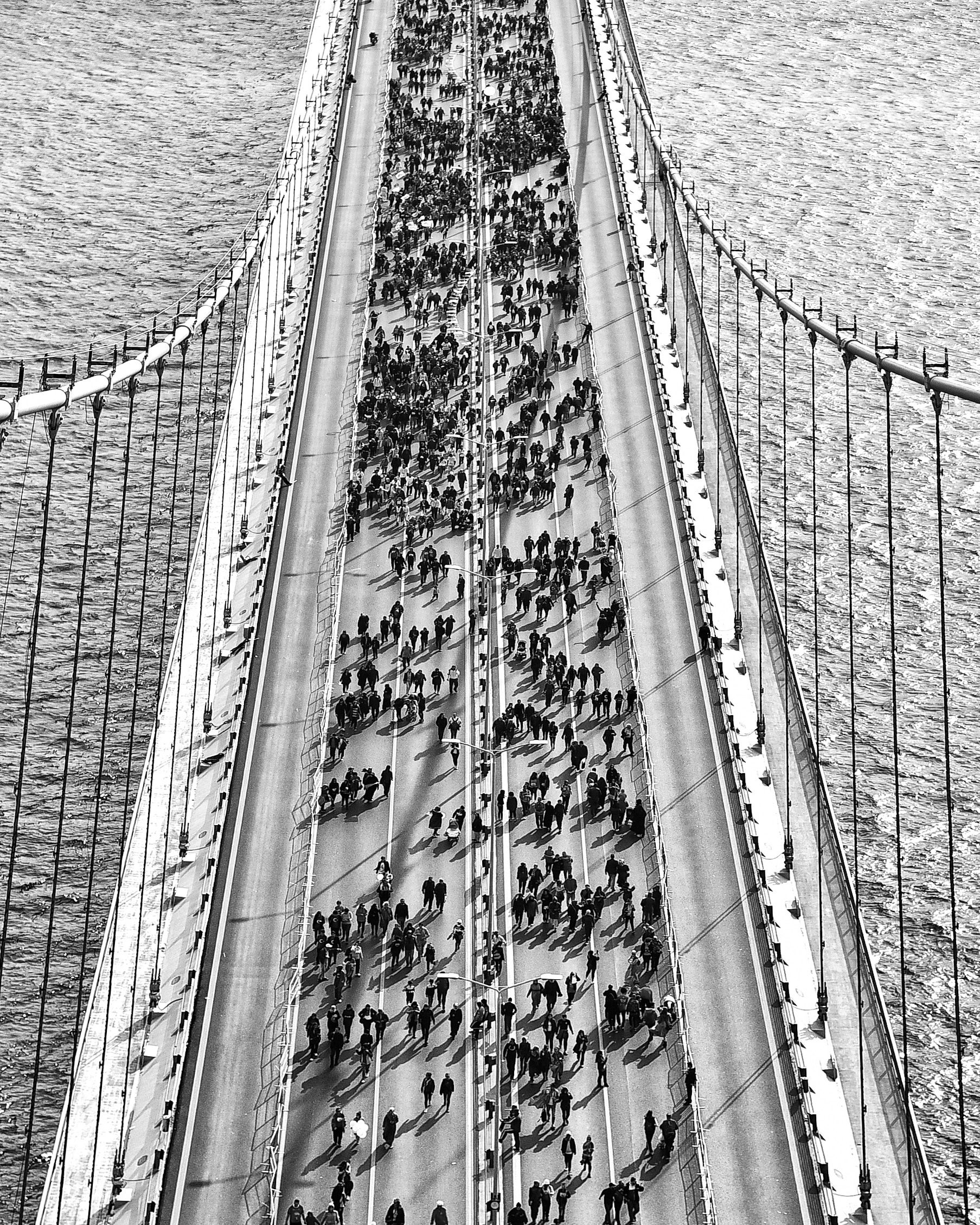 Aerial View of of Crowd Walking on the Golden Gate Bridge, San ...