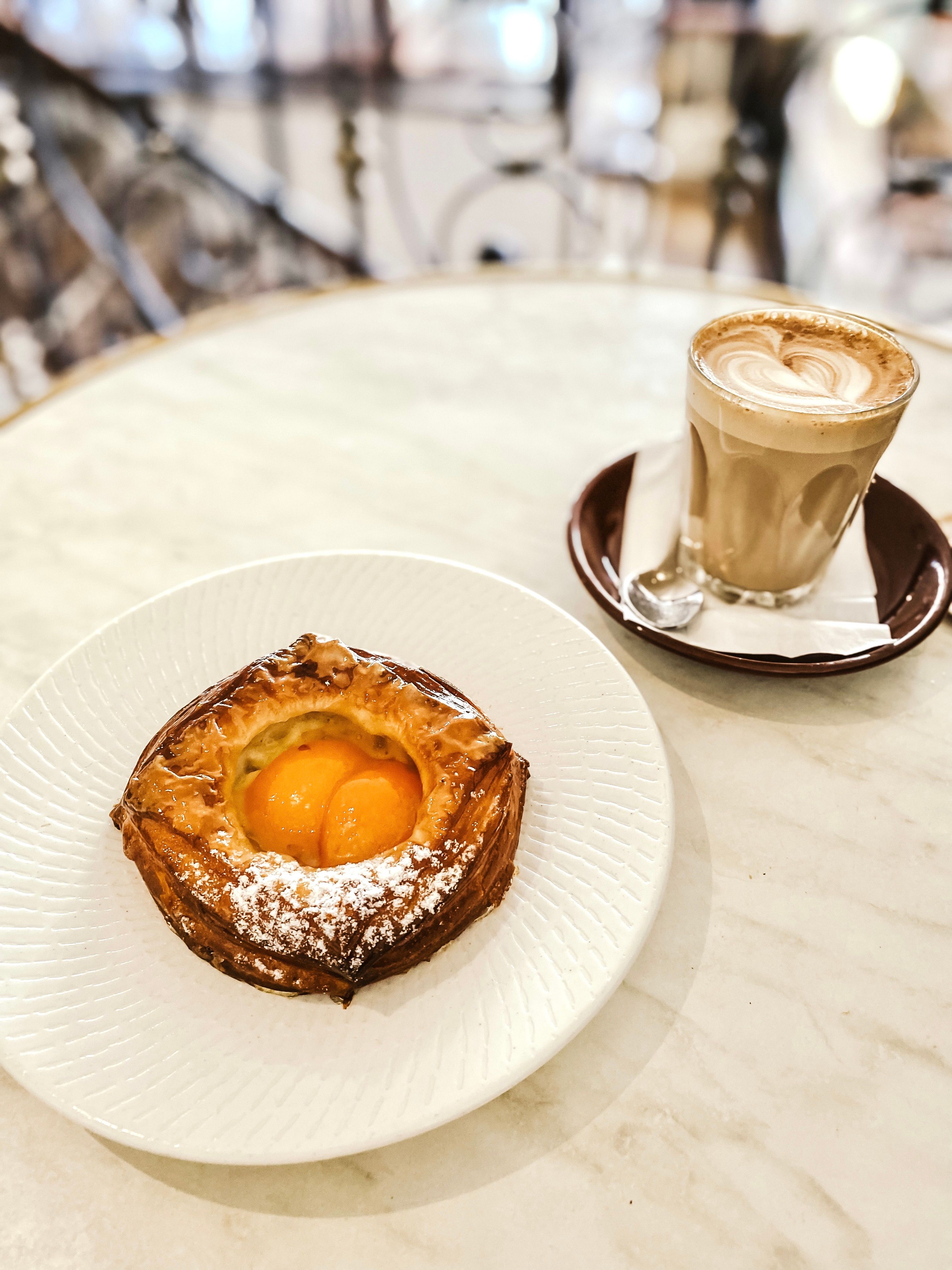 Pastry with Peaches and Coffee at Cafe · Free Stock Photo