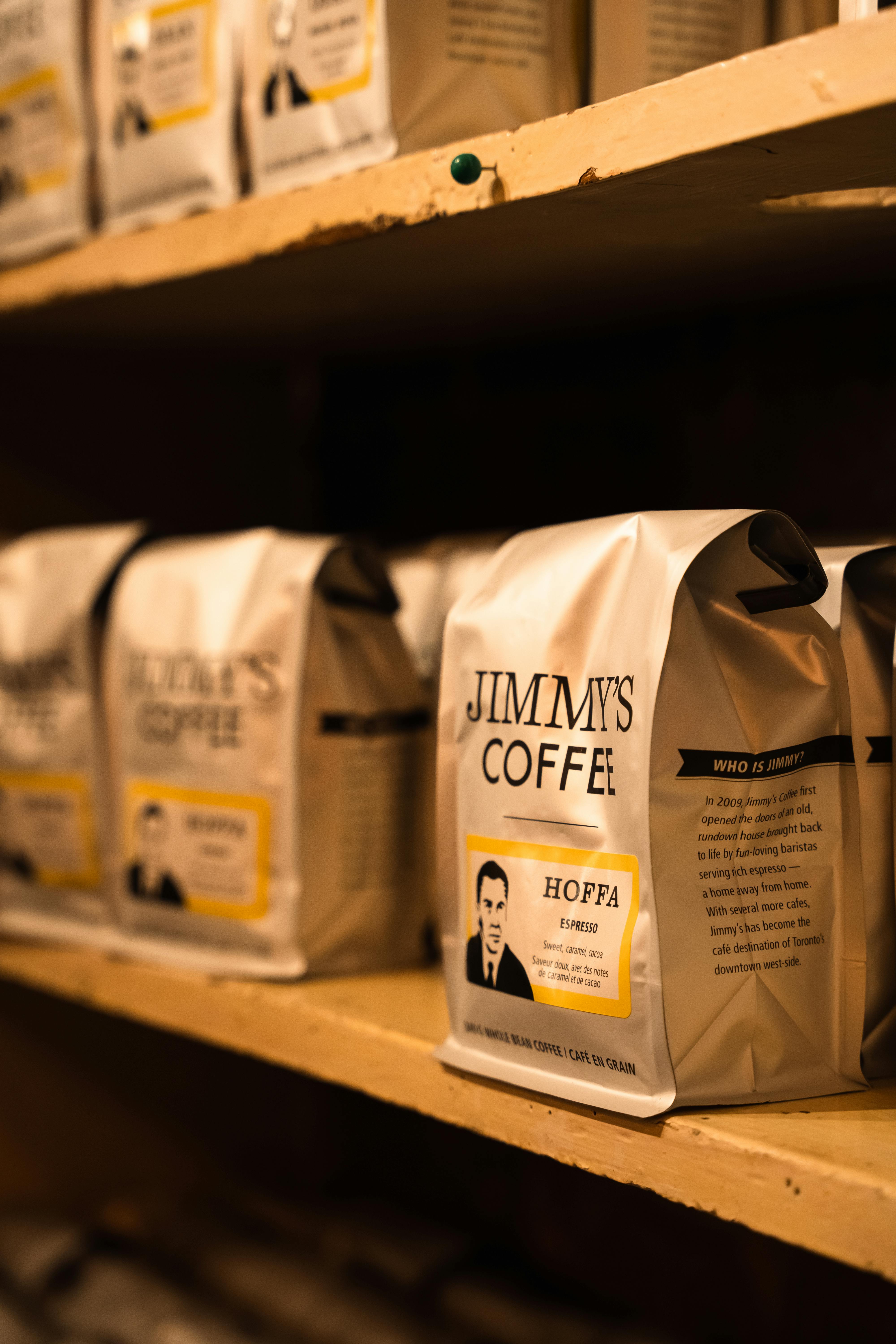 Shelves with Jimmys Coffee · Free Stock Photo
