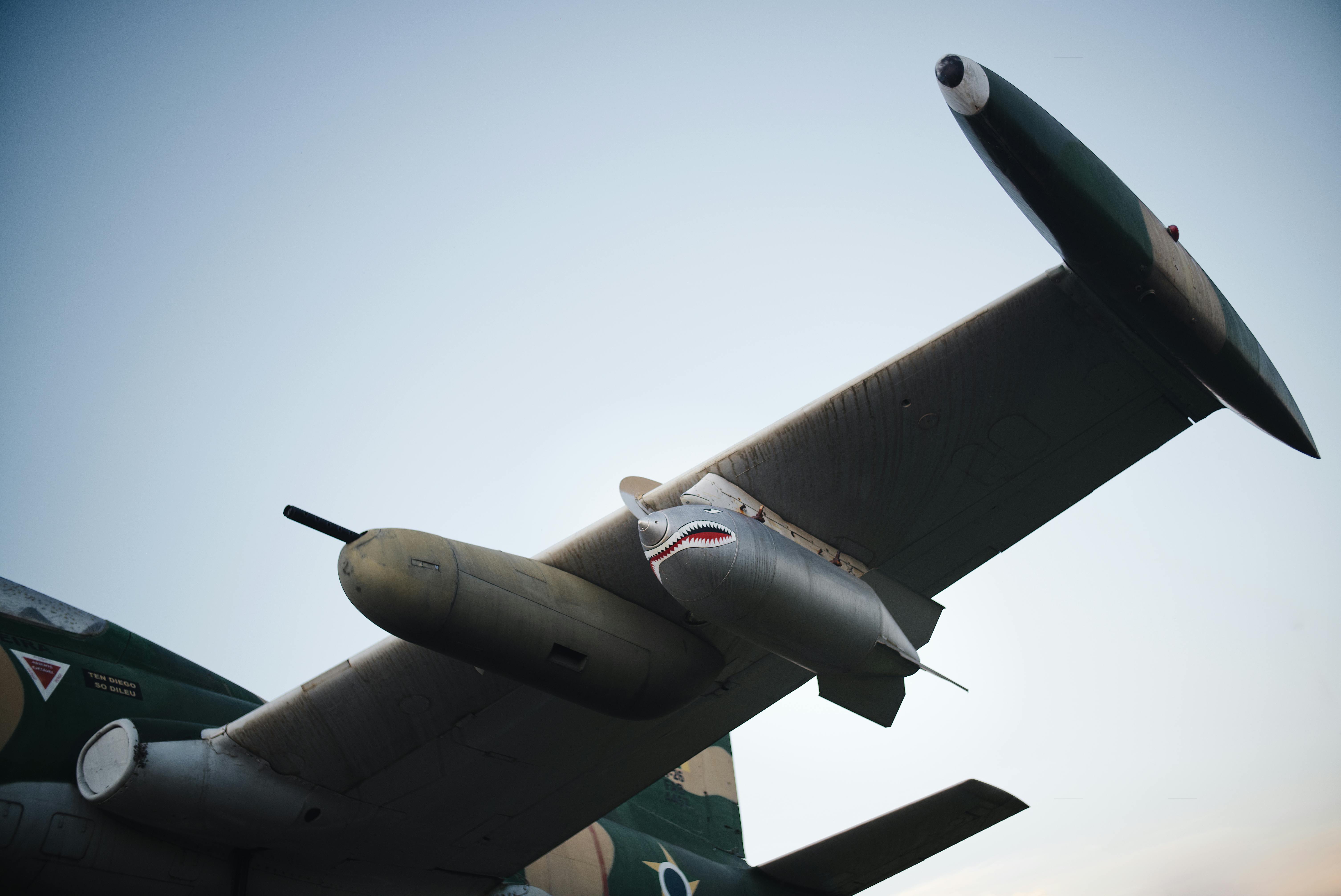 Military Aircraft Wing with Shark-Faced Bomb Attached · Free Stock Photo
