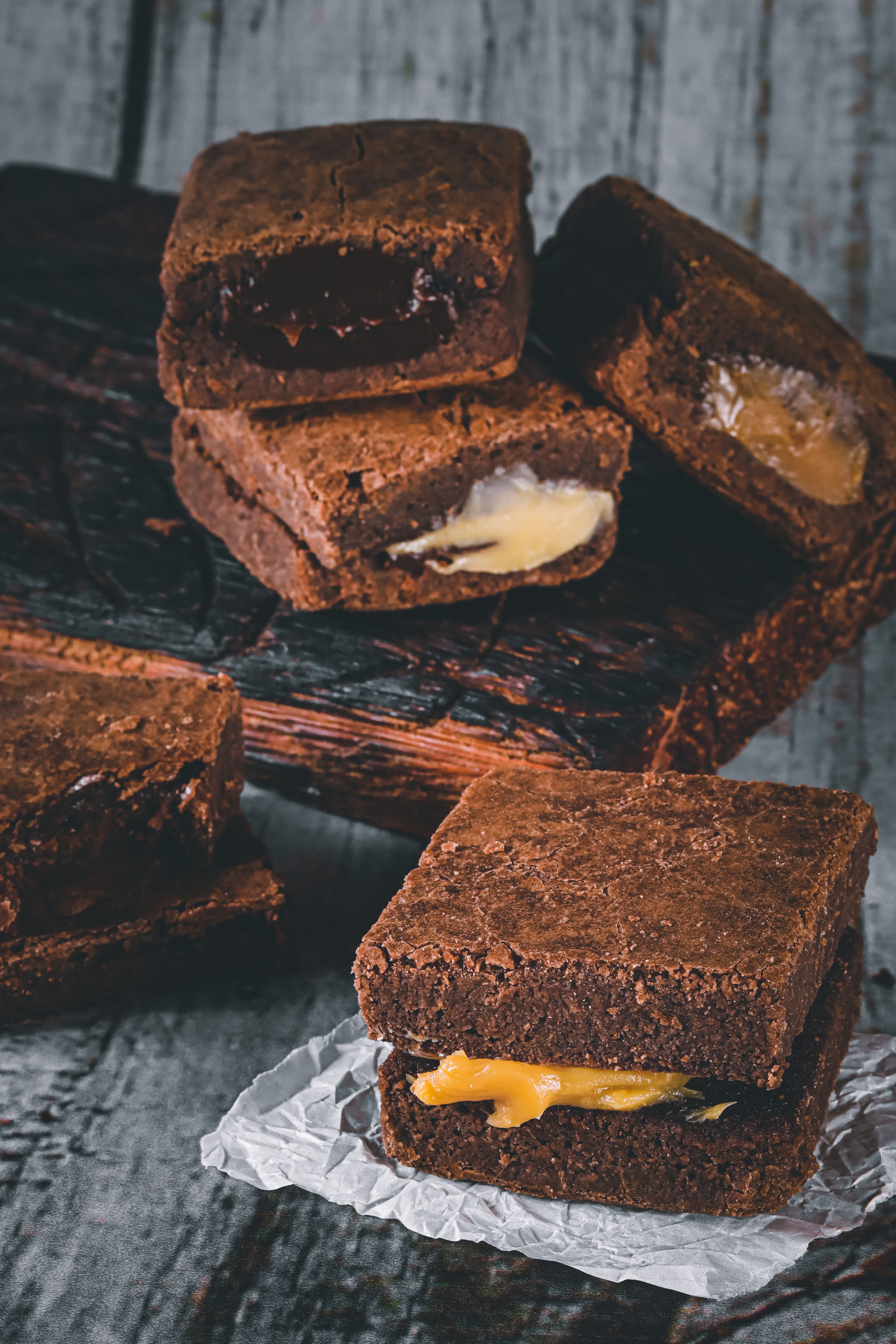A stack of brownies with chocolate and peanut butter · Free Stock Photo