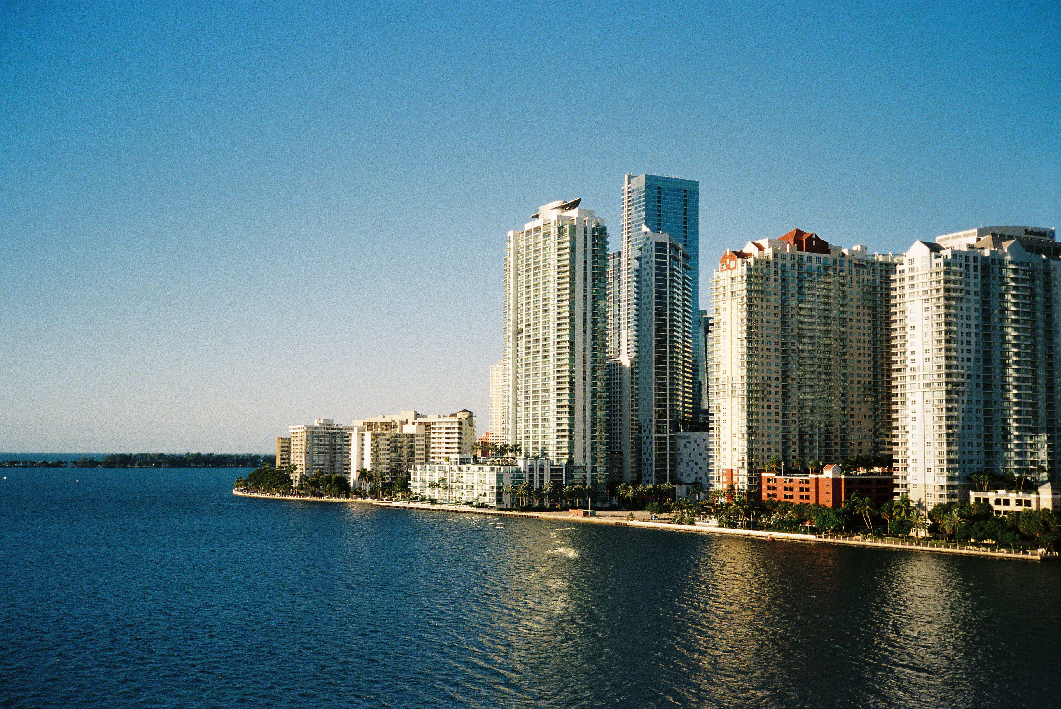 A view of tall buildings and water in miami · Free Stock Photo