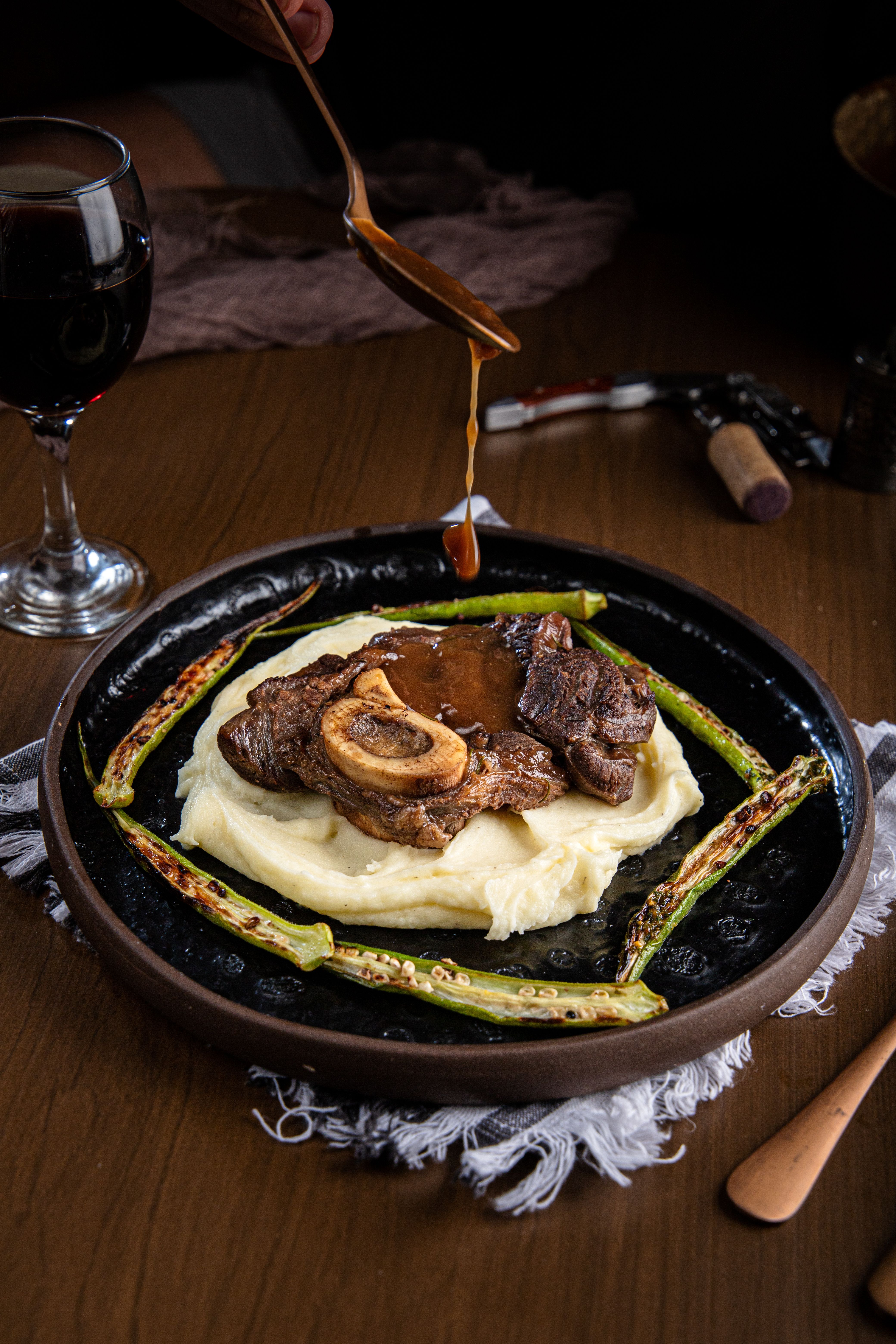 Beef with Potato Puree, Boiled Plums, Asparagus · Free Stock Photo