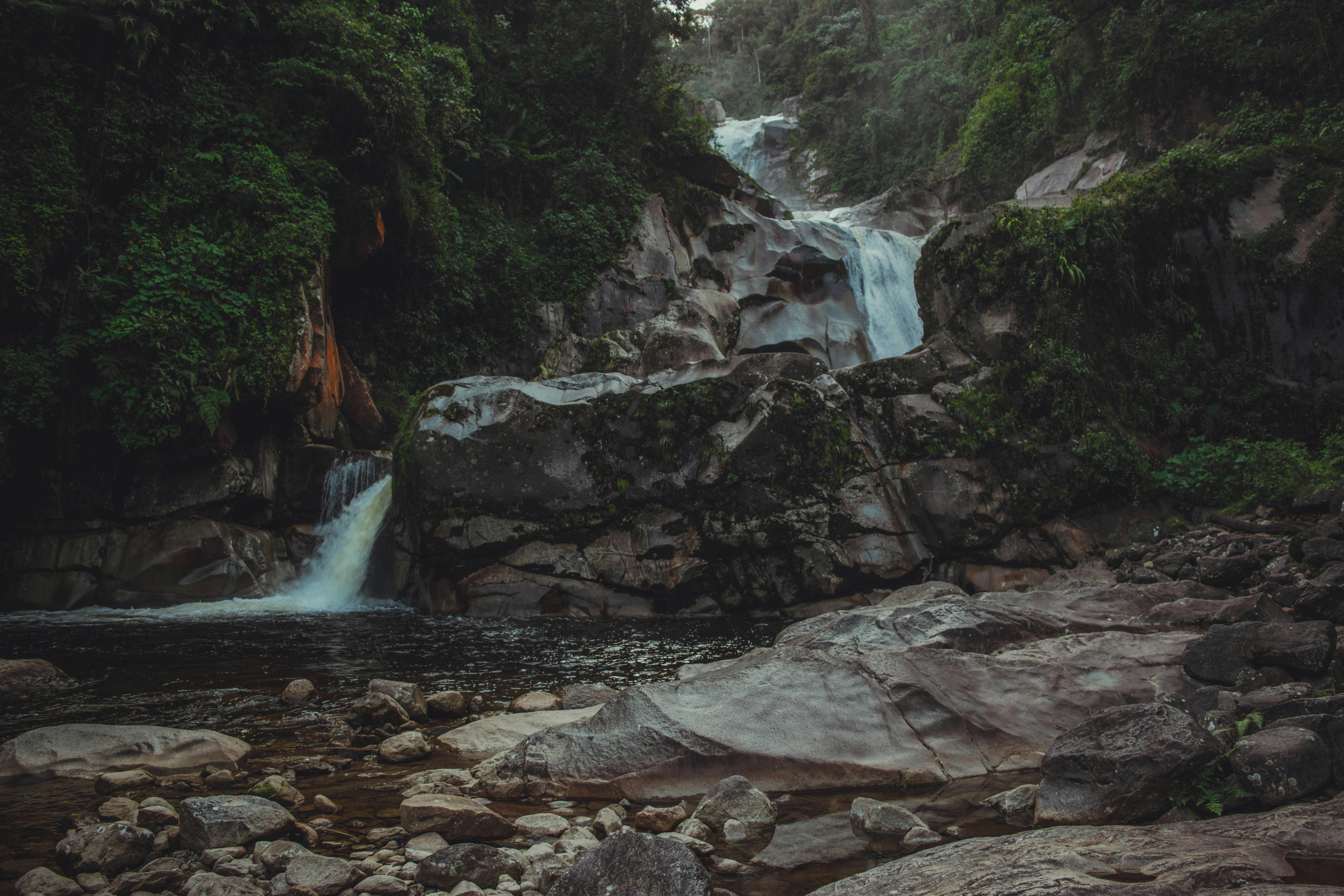 View of a Waterfall and Large Rocks in the Creek in a Dense Forest ...