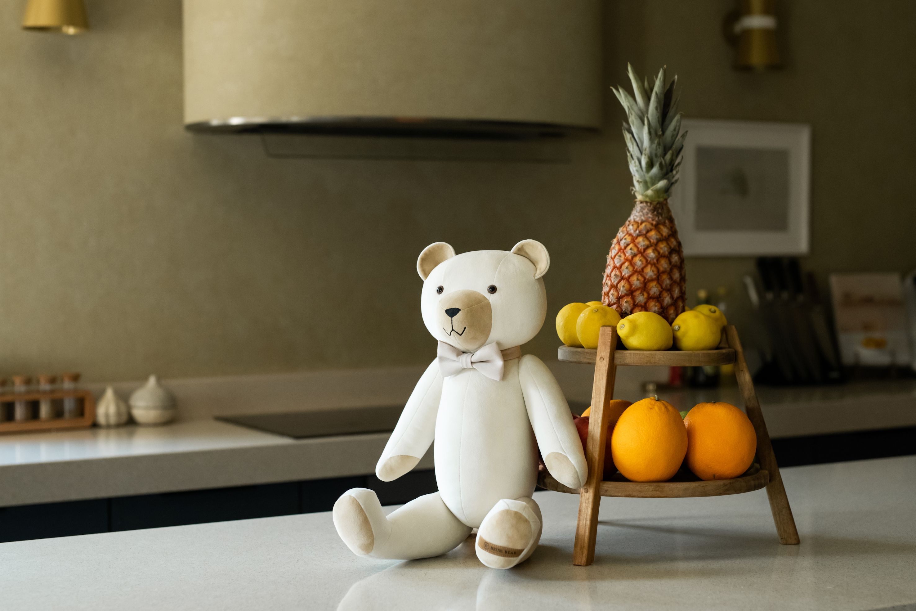 White Teddy Bear on the Kitchen Counter Next to the Fruit Stand · Free ...