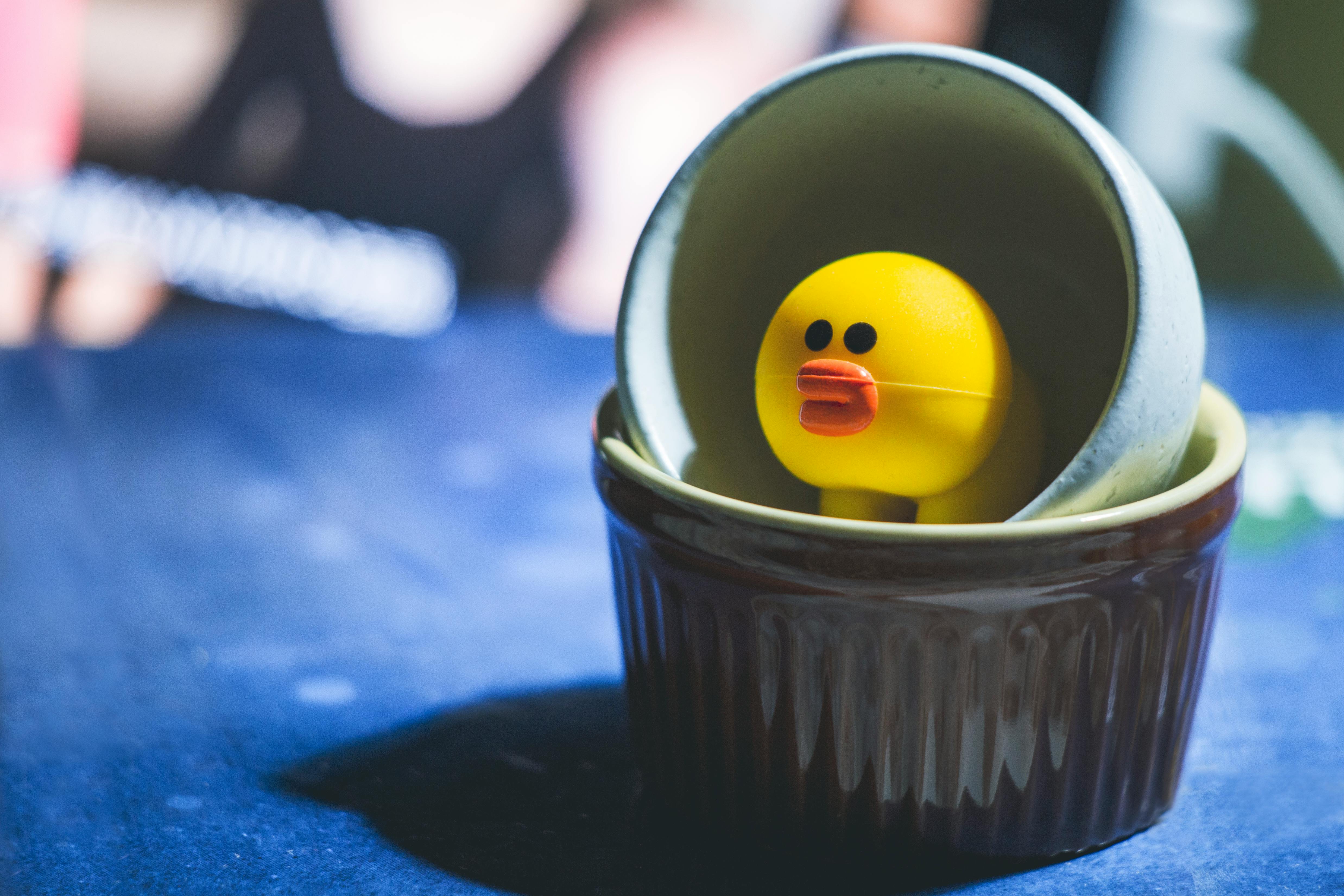 Yellow Duckling in White Container on Blue Textile · Free Stock Photo