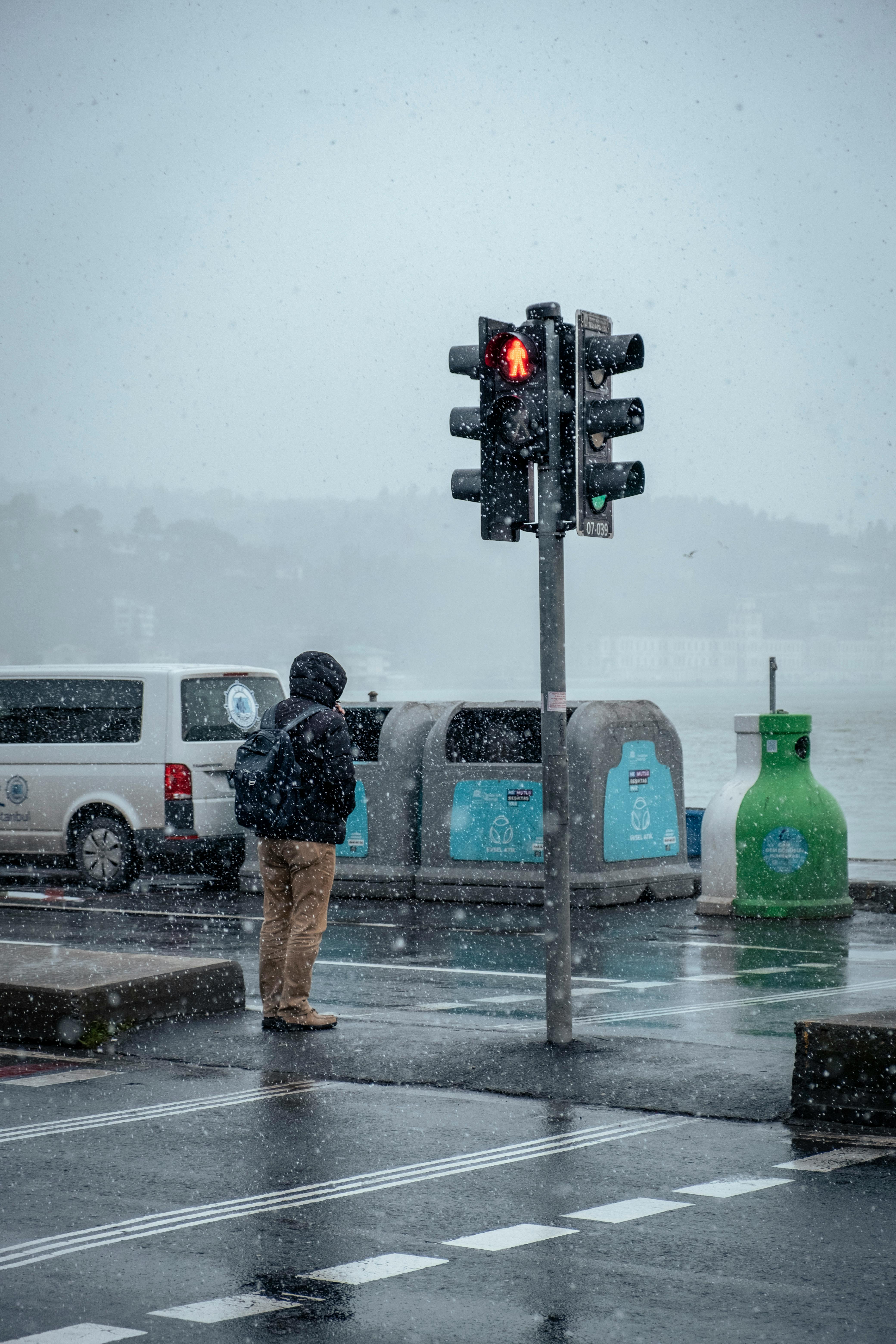 Pedestrian while Snowing at Zebra Crossing · Free Stock Photo