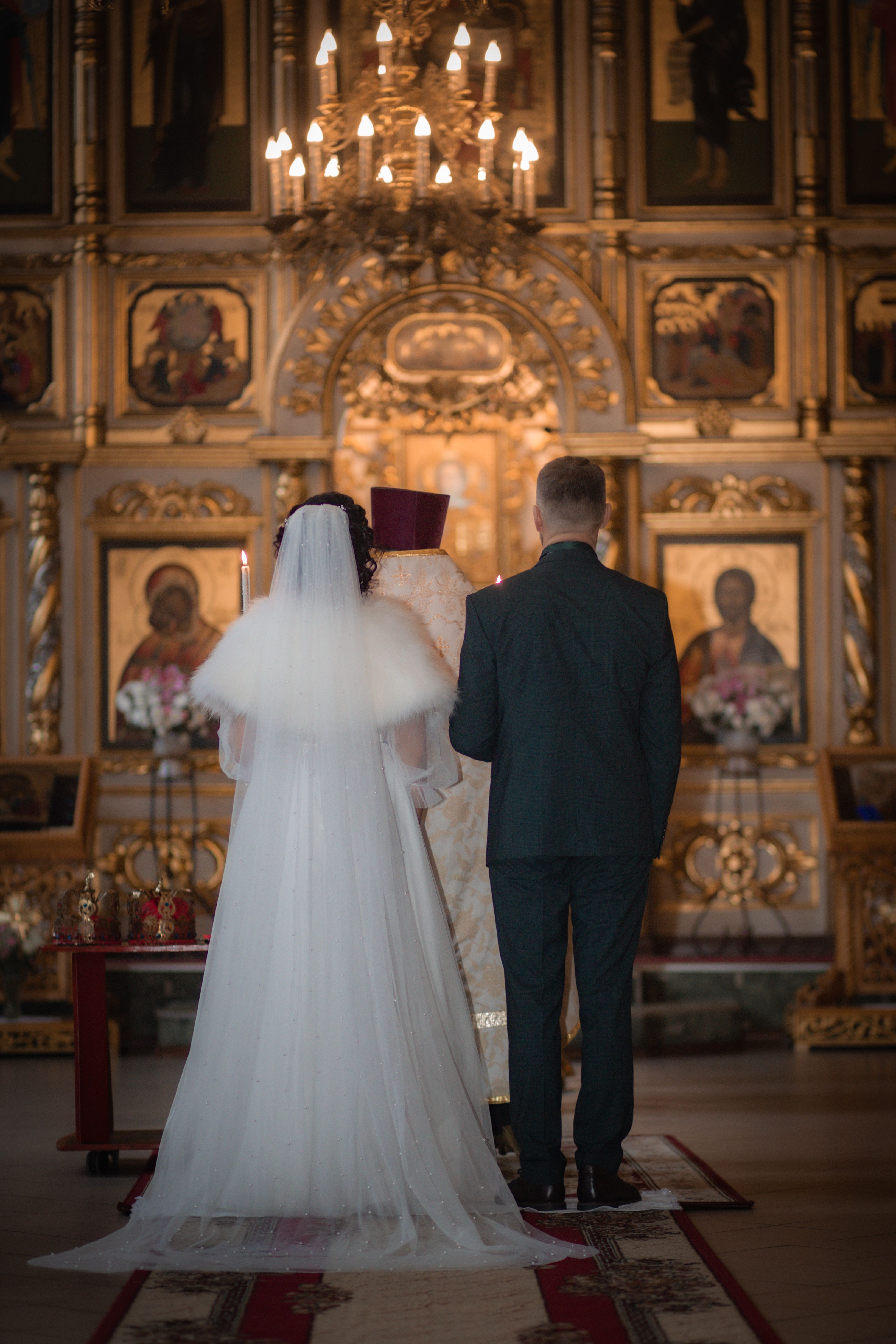Back View of Bride and Groom Standing at the Altar during Their Wedding ...