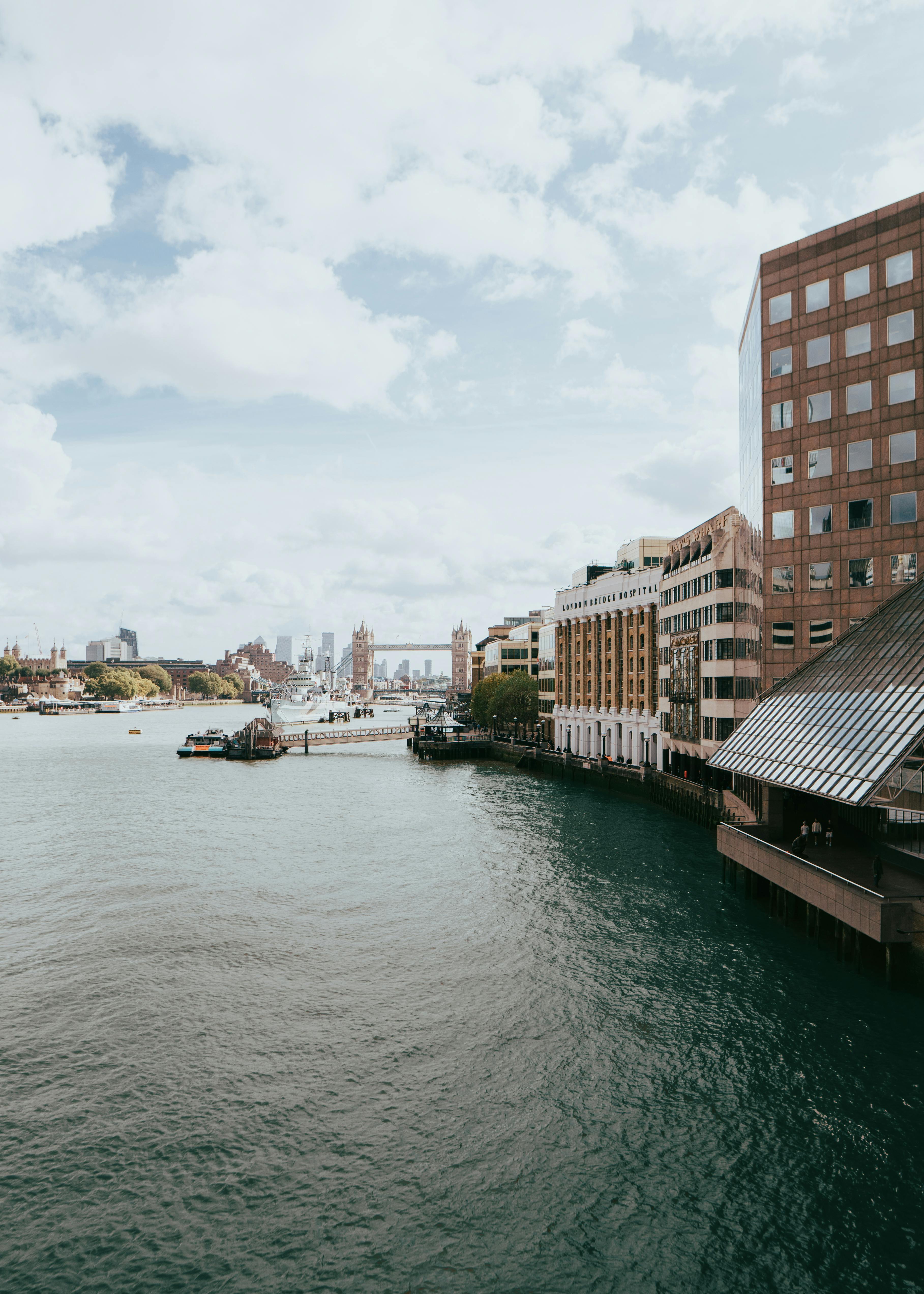 View of River Thames, Waterfront Buildings and Tower Bridge in Distance ...