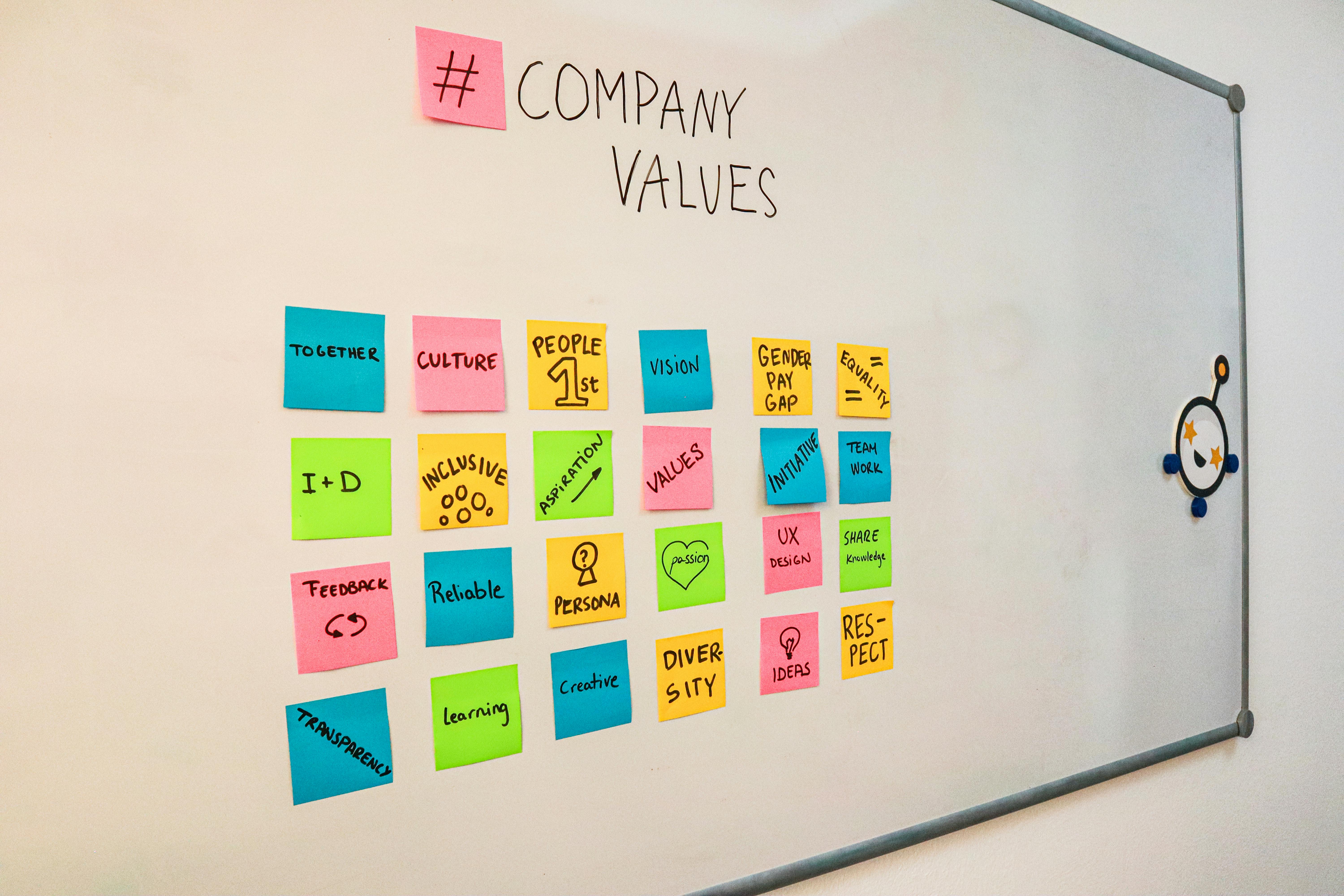 Hashtag Company Values on Sticky Notes on a Whiteboard · Free Stock Photo