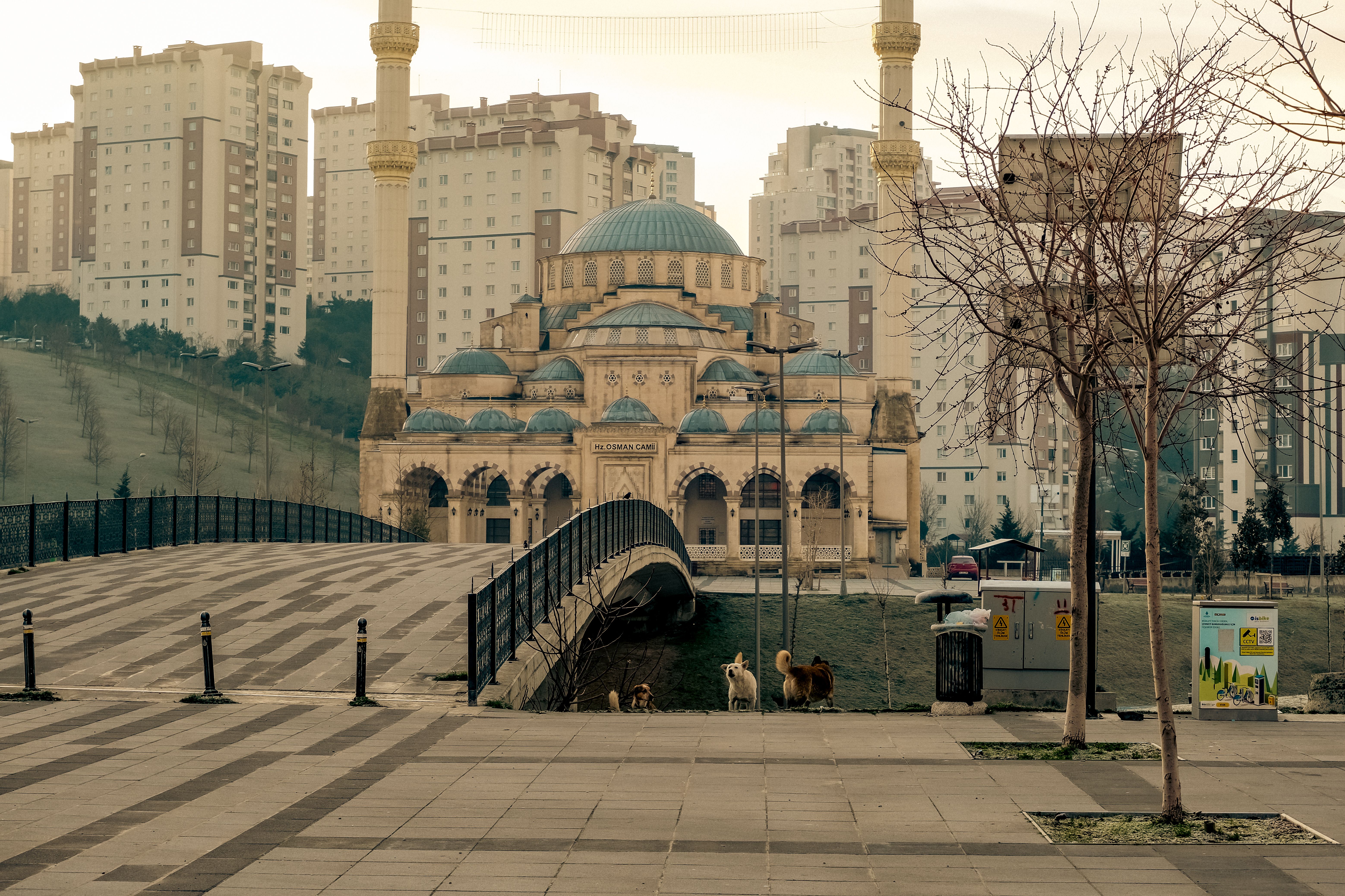 A man walking on a bridge in front of a mosque · Free Stock Photo