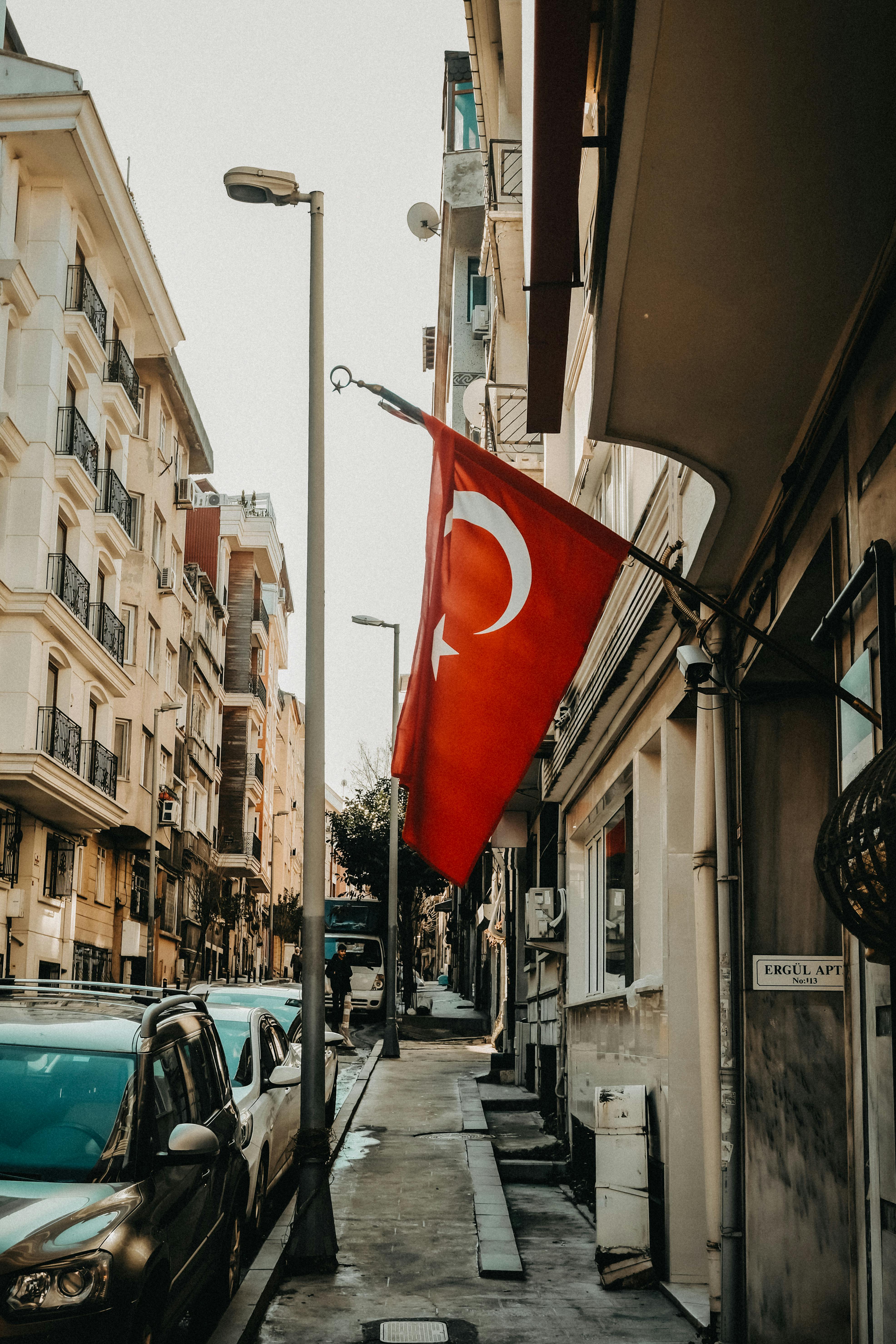Turkish Flag Hanging above Narrow Sidewalk · Free Stock Photo