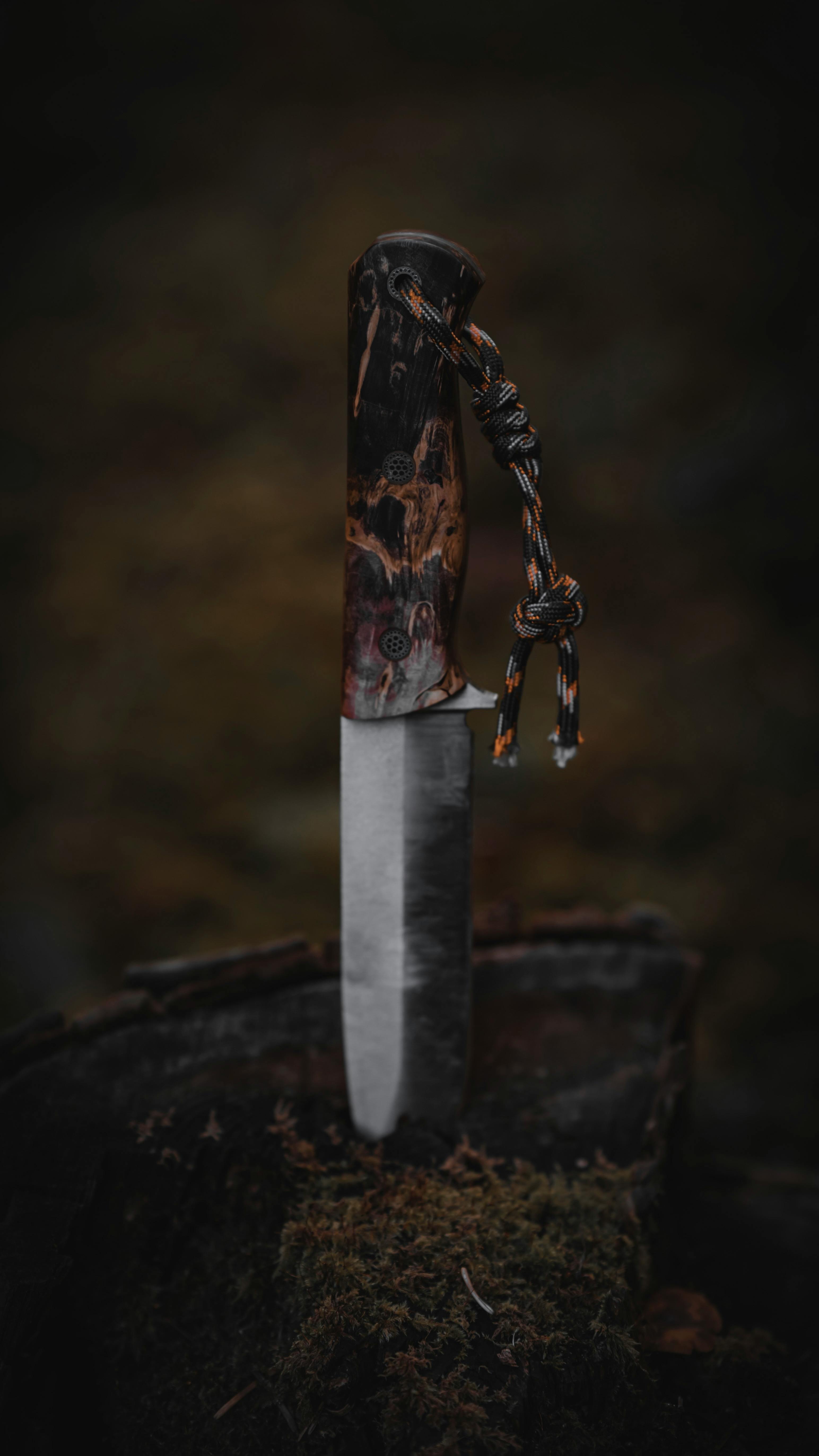 Close-up of a Sharp Knife Stuck in a Tree Stump · Free Stock Photo