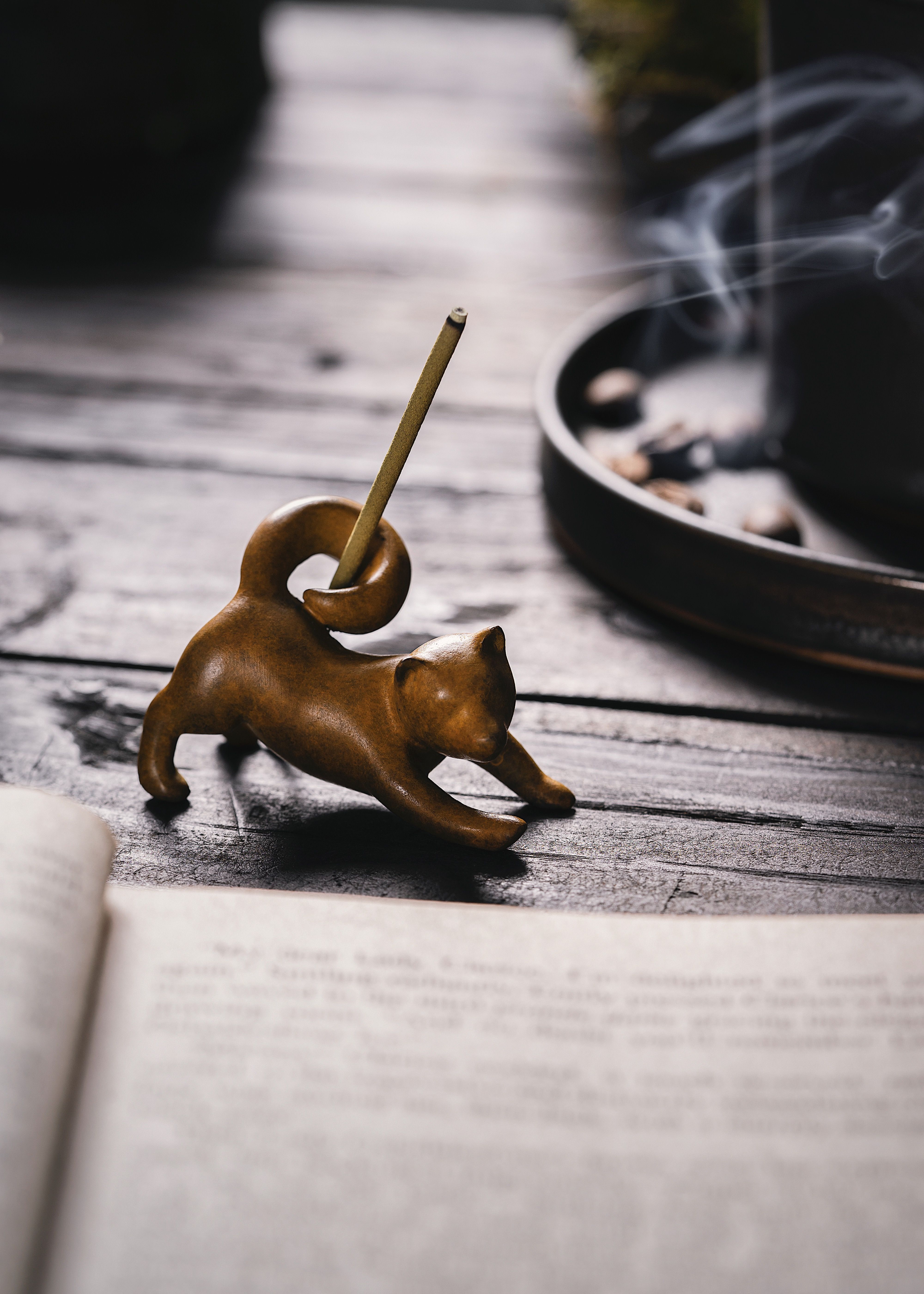 Incense Holder in Form of Dog on Wooden Table next to Open Book · Free ...