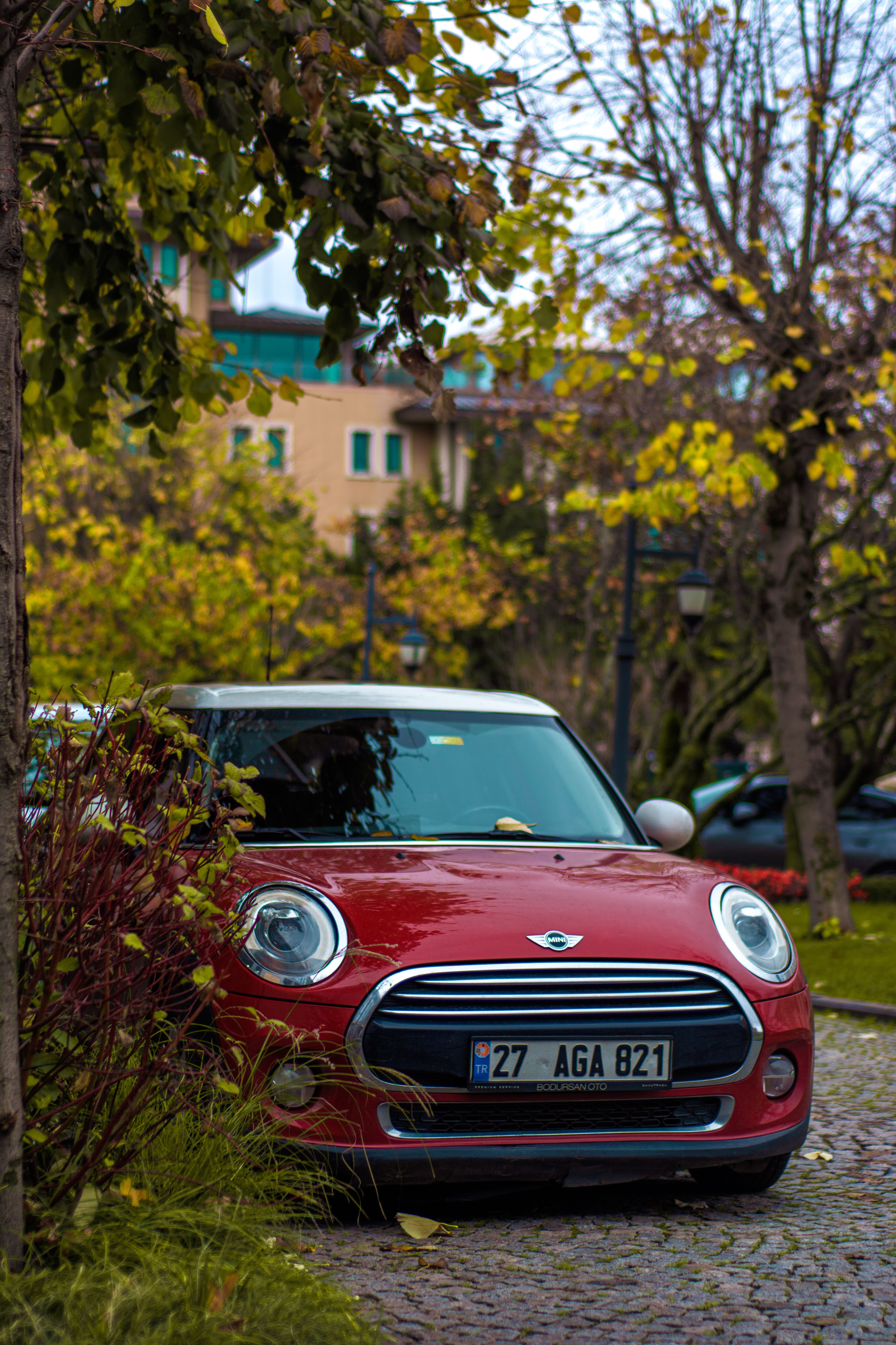 A red mini cooper parked on the side of the road · Free Stock Photo