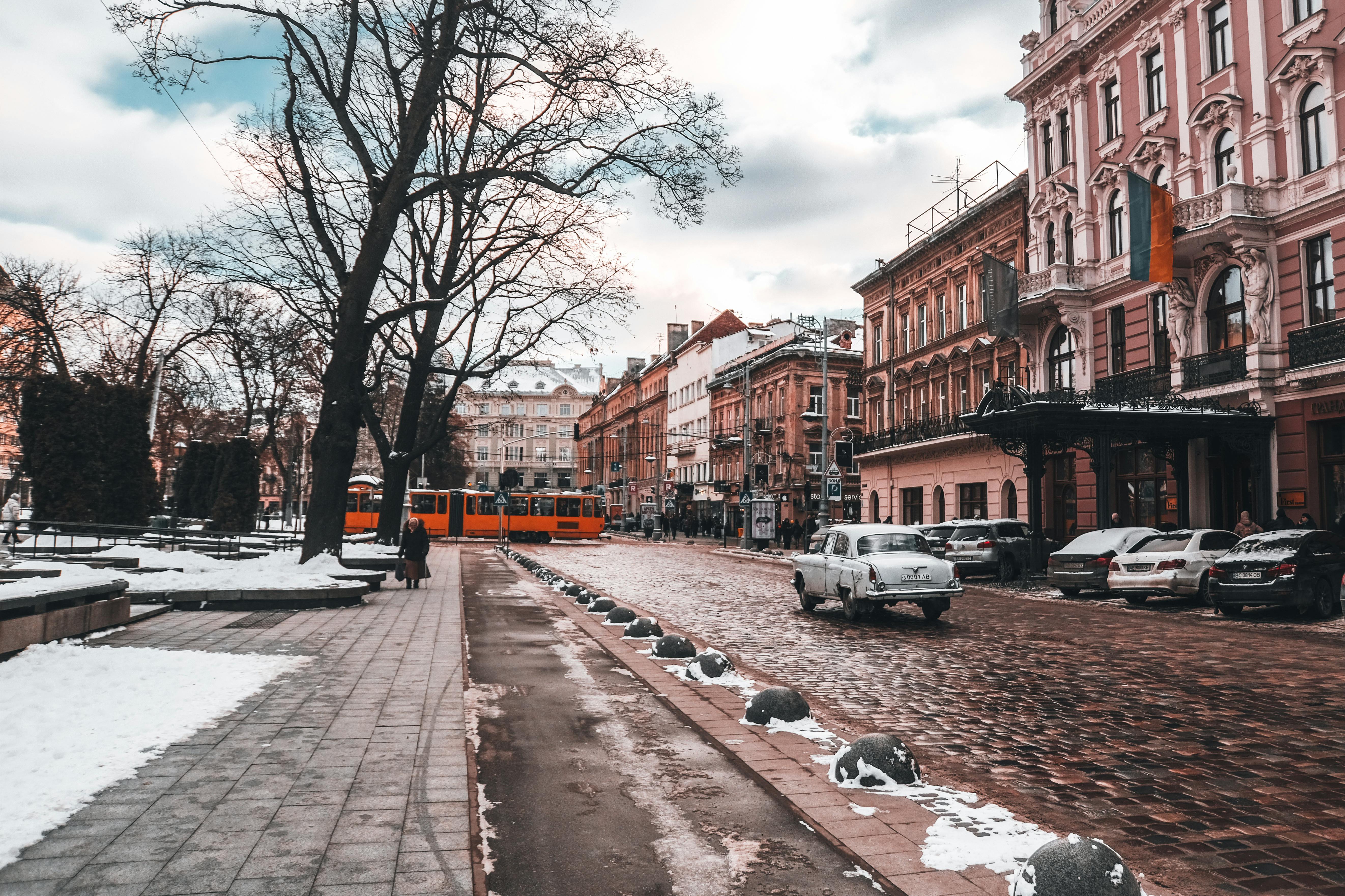 View of a Cobblestone Street along the Buildings in Downtown Lviv ...
