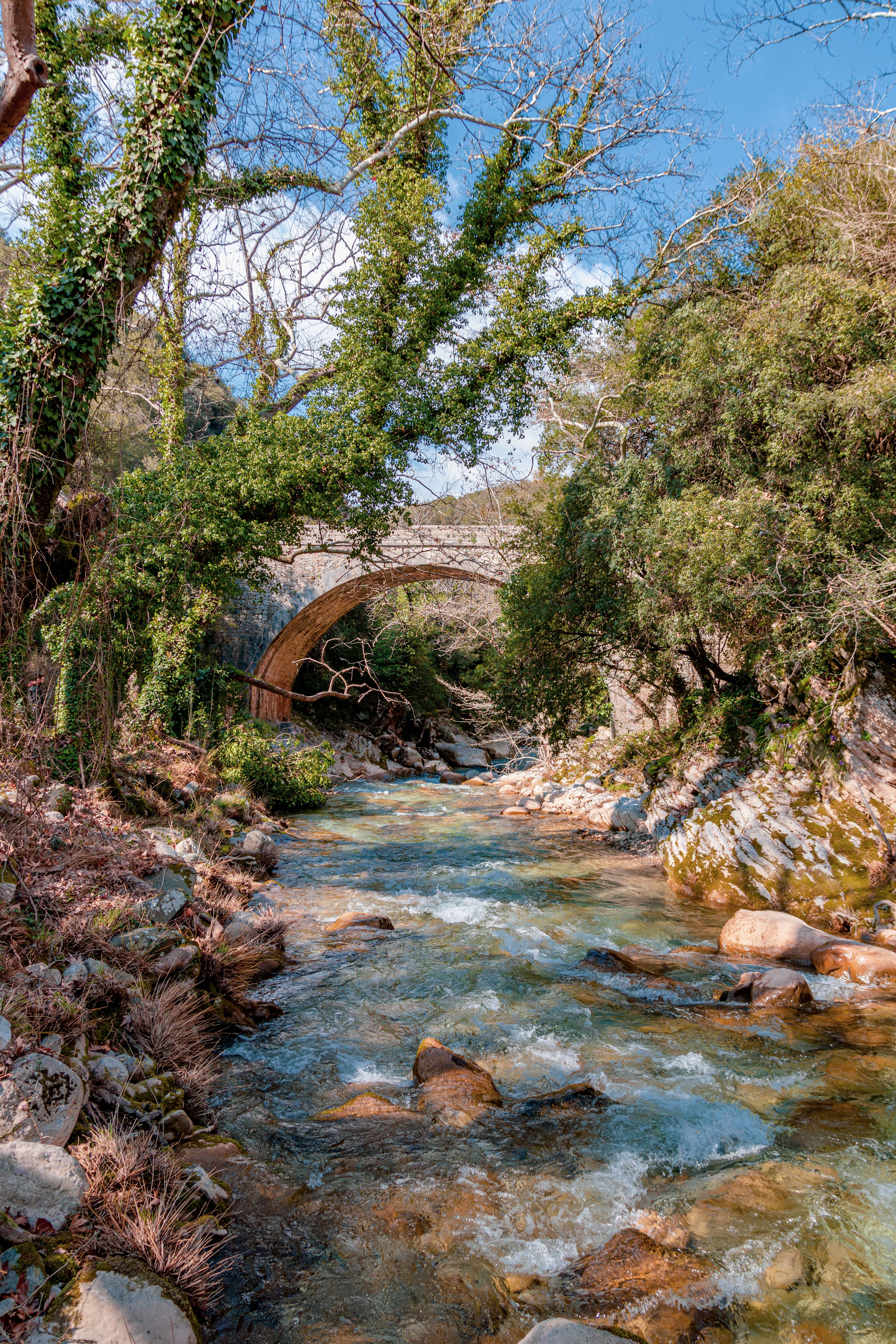 View of a River Flowing under a Small Arch Bridge · Free Stock Photo