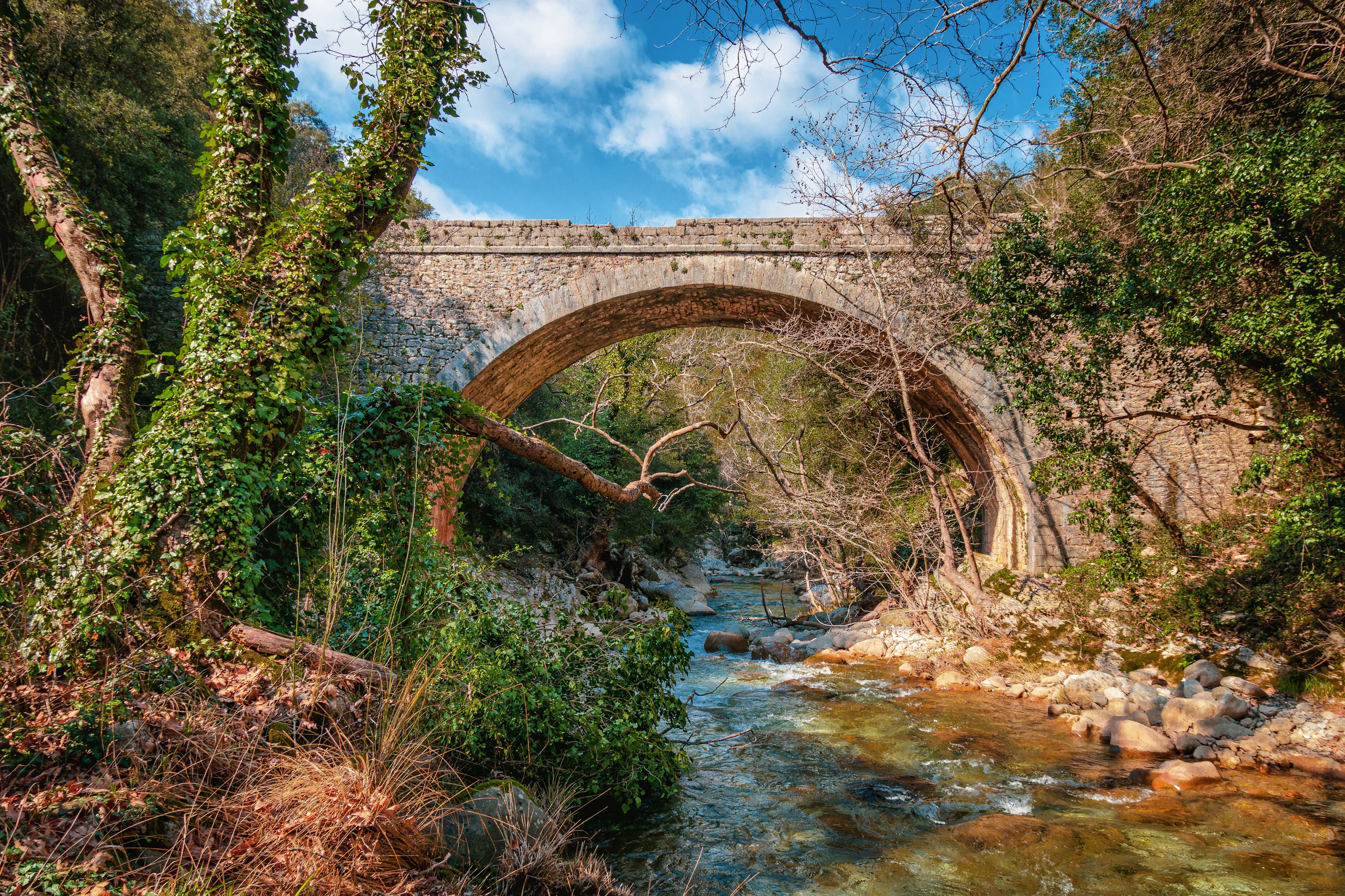View of a River Flowing under a Small Arch Bridge · Free Stock Photo