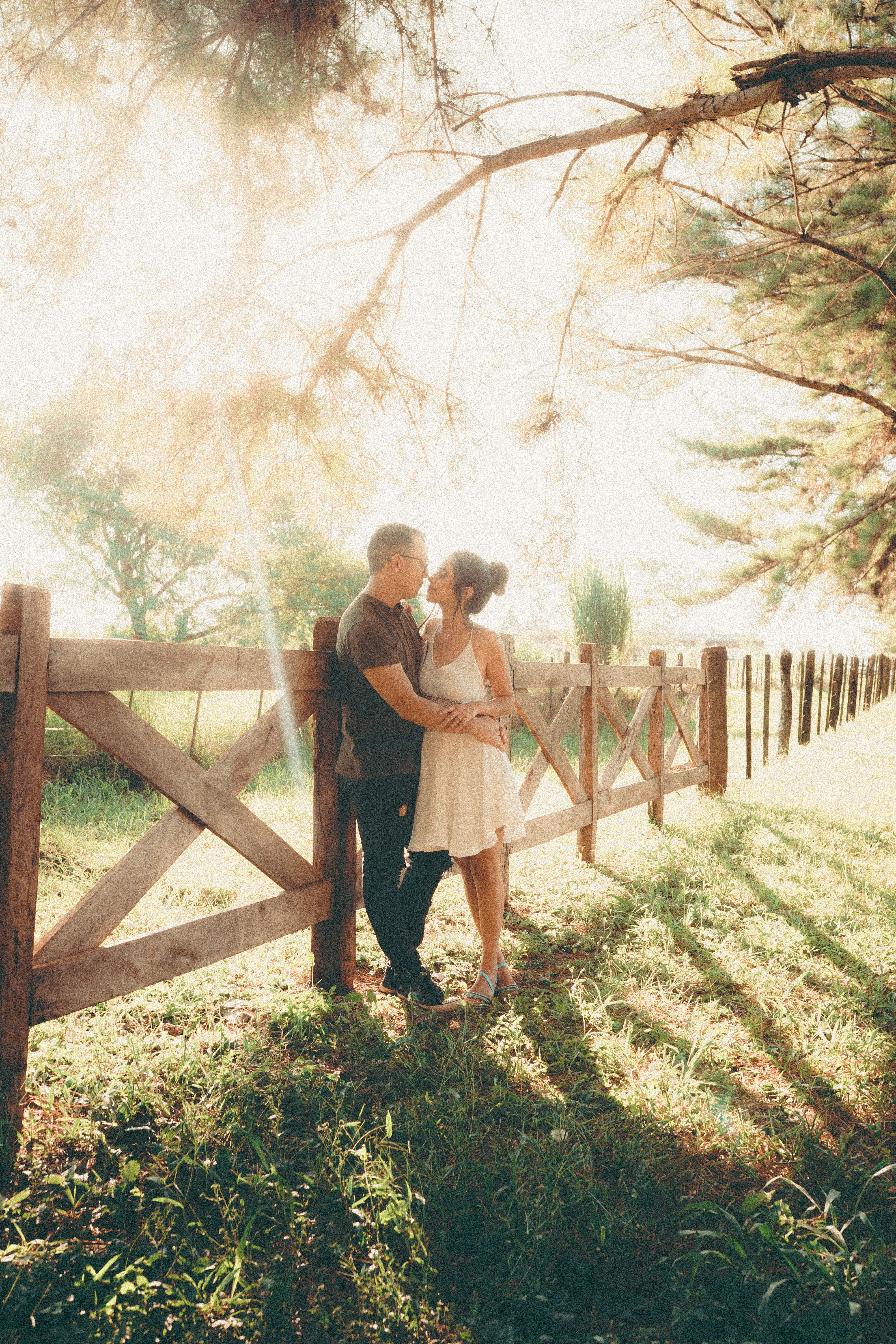 Sunlight over Couple Posing near Fence · Free Stock Photo