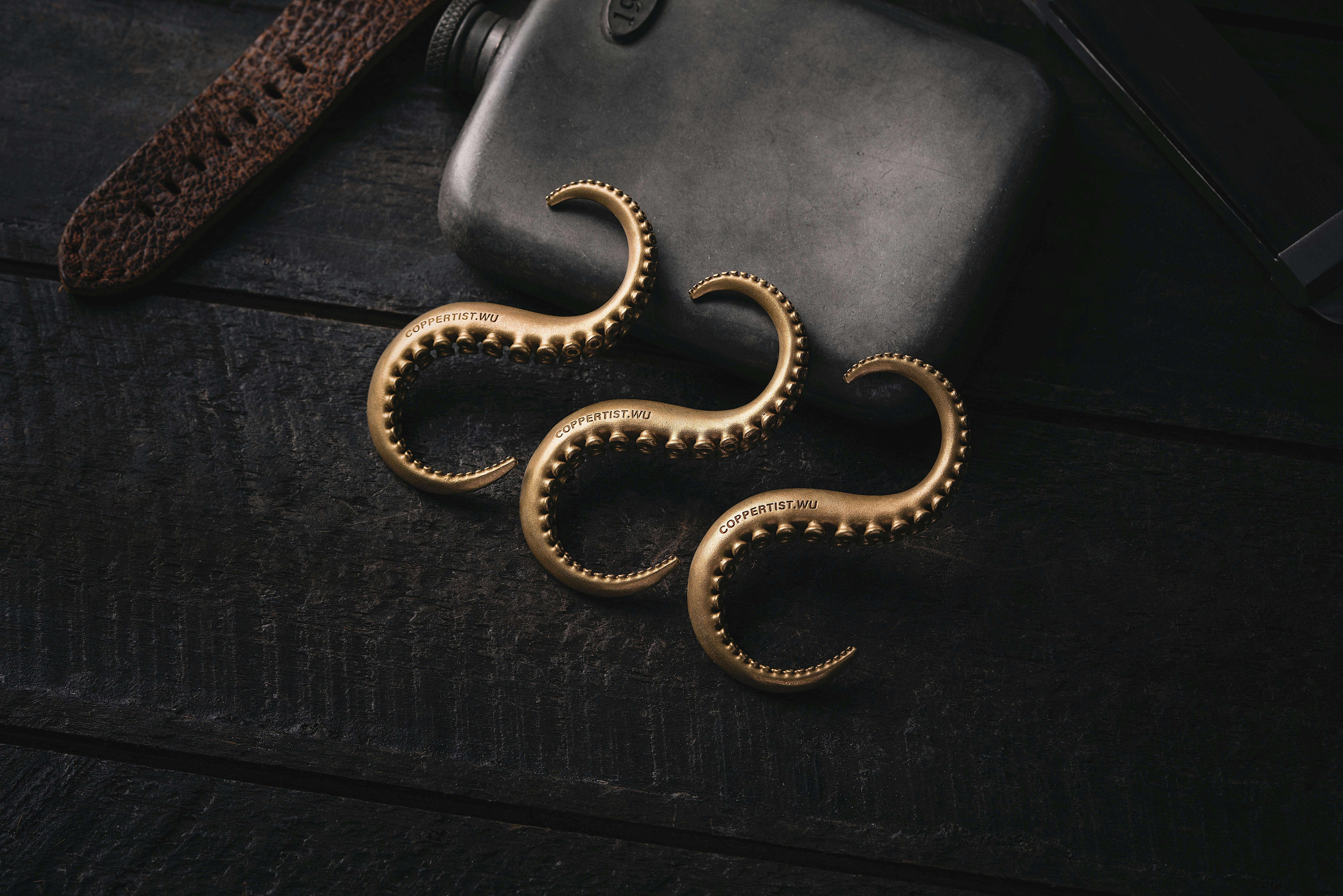 Brass Octopus Tentacle Hooks and a Bottle · Free Stock Photo