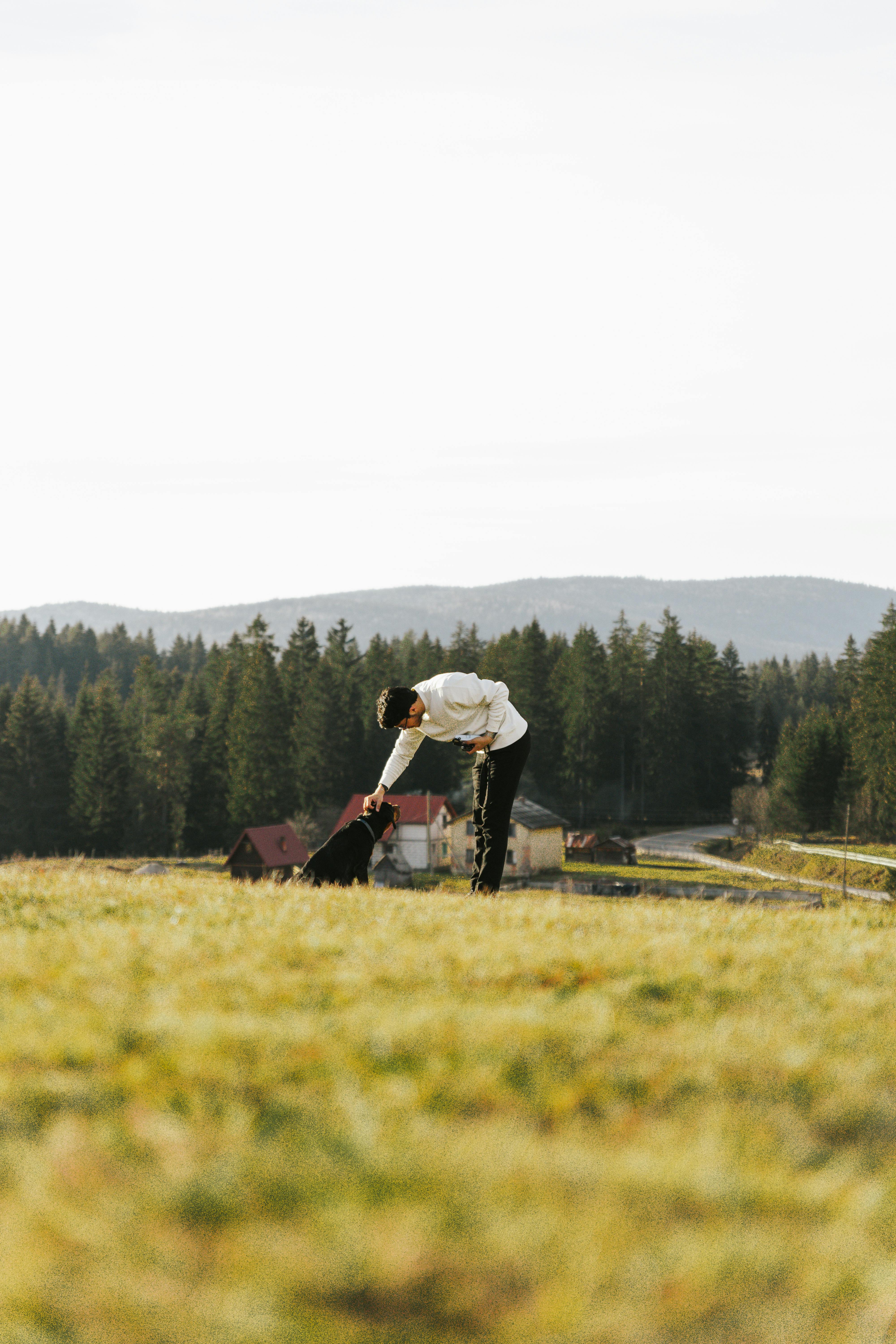Man Standing with Dog on Meadow · Free Stock Photo