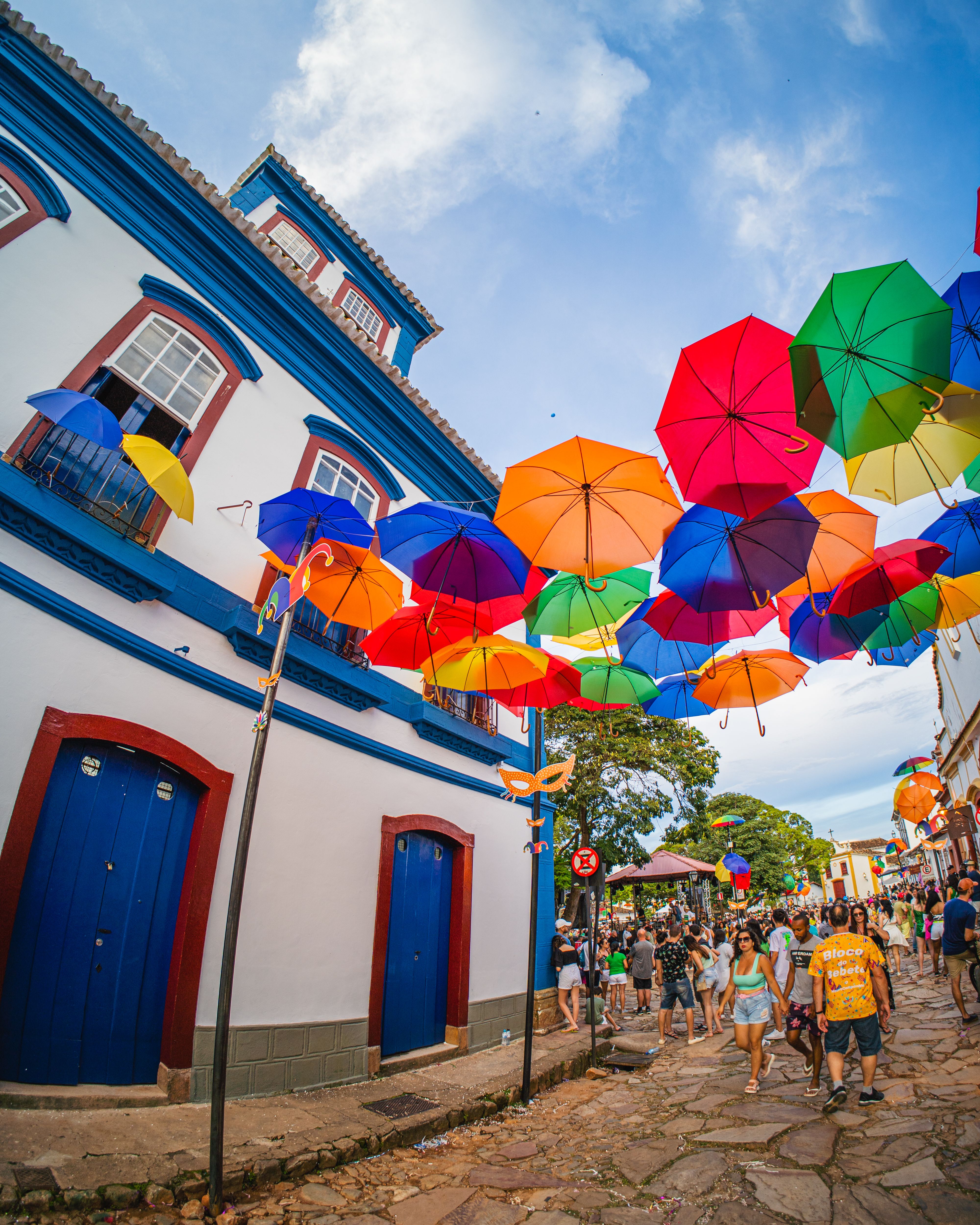 Wide Angle Shot of Colorful Umbrellas Hanging above a Street and ...