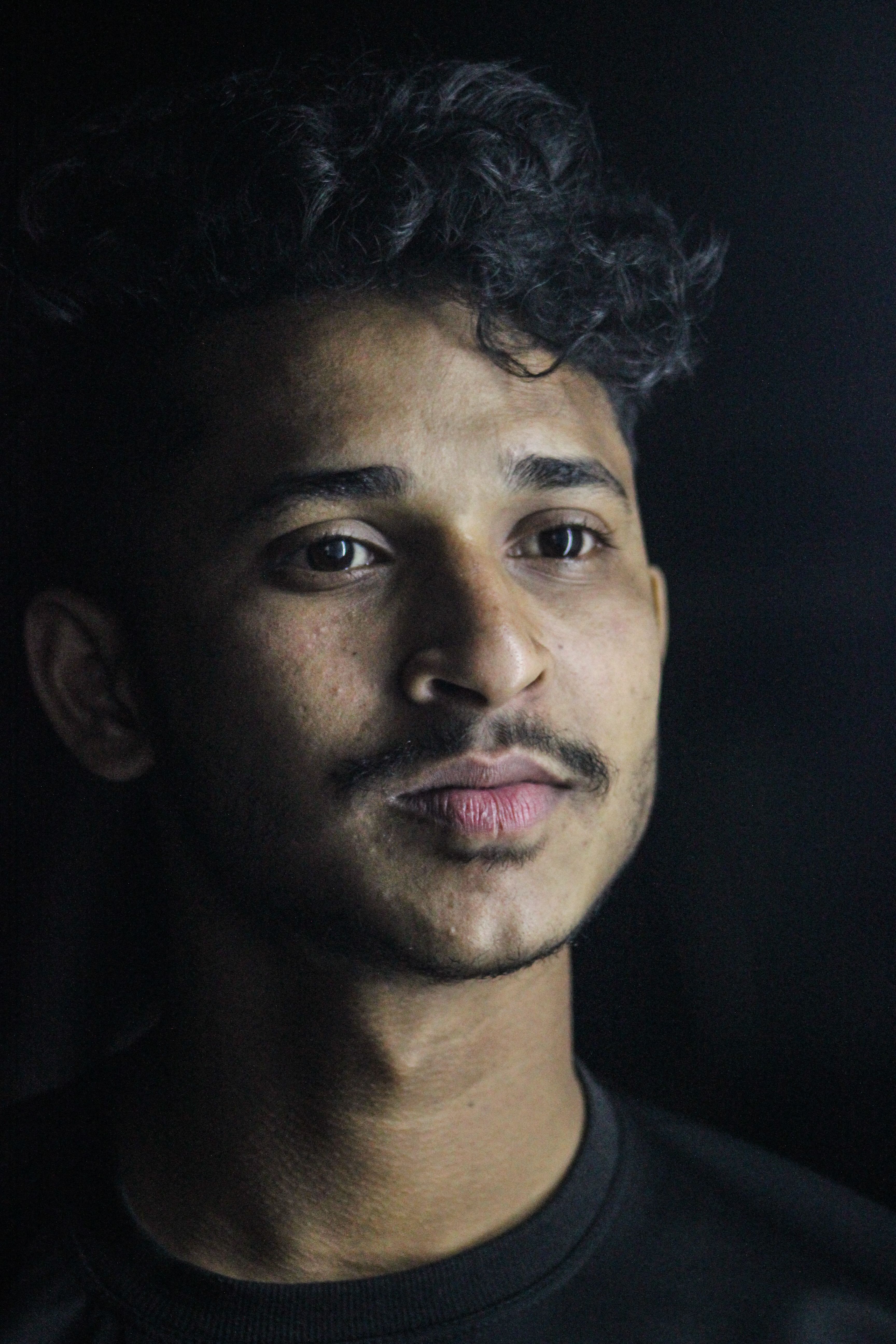 Studio Portrait of a Young Man with Curly Hair and Mustache · Free ...