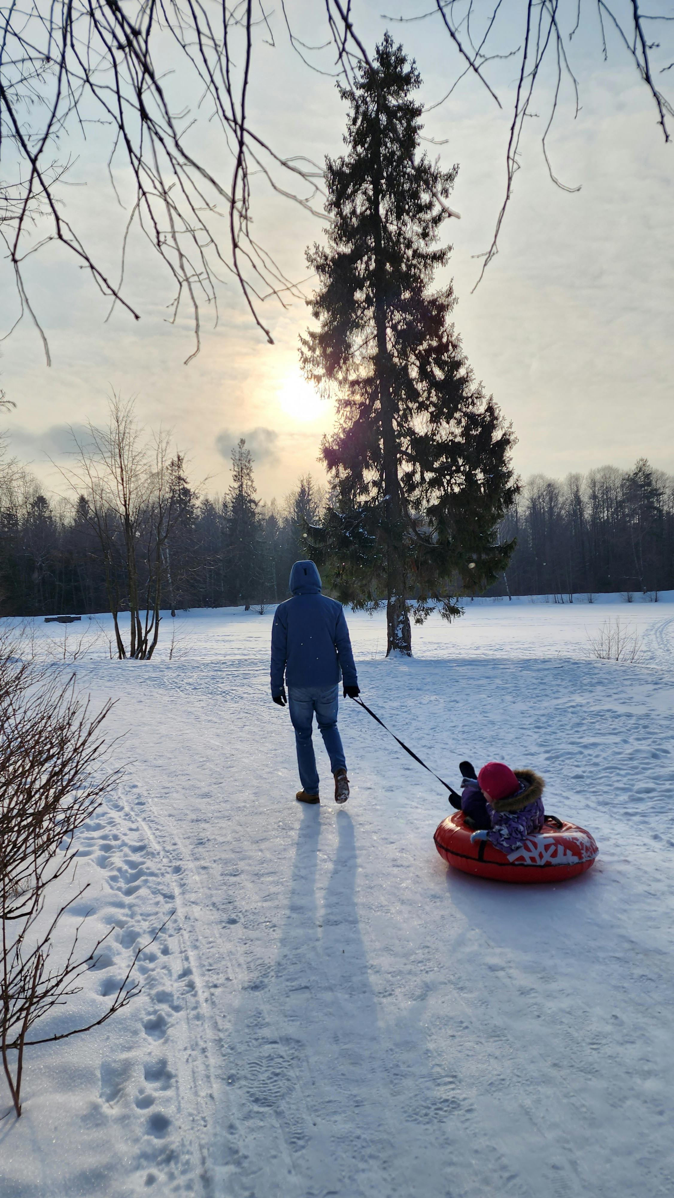 Back View of a Man Pulling a Sled Through a Snowy Alley · Free Stock Photo