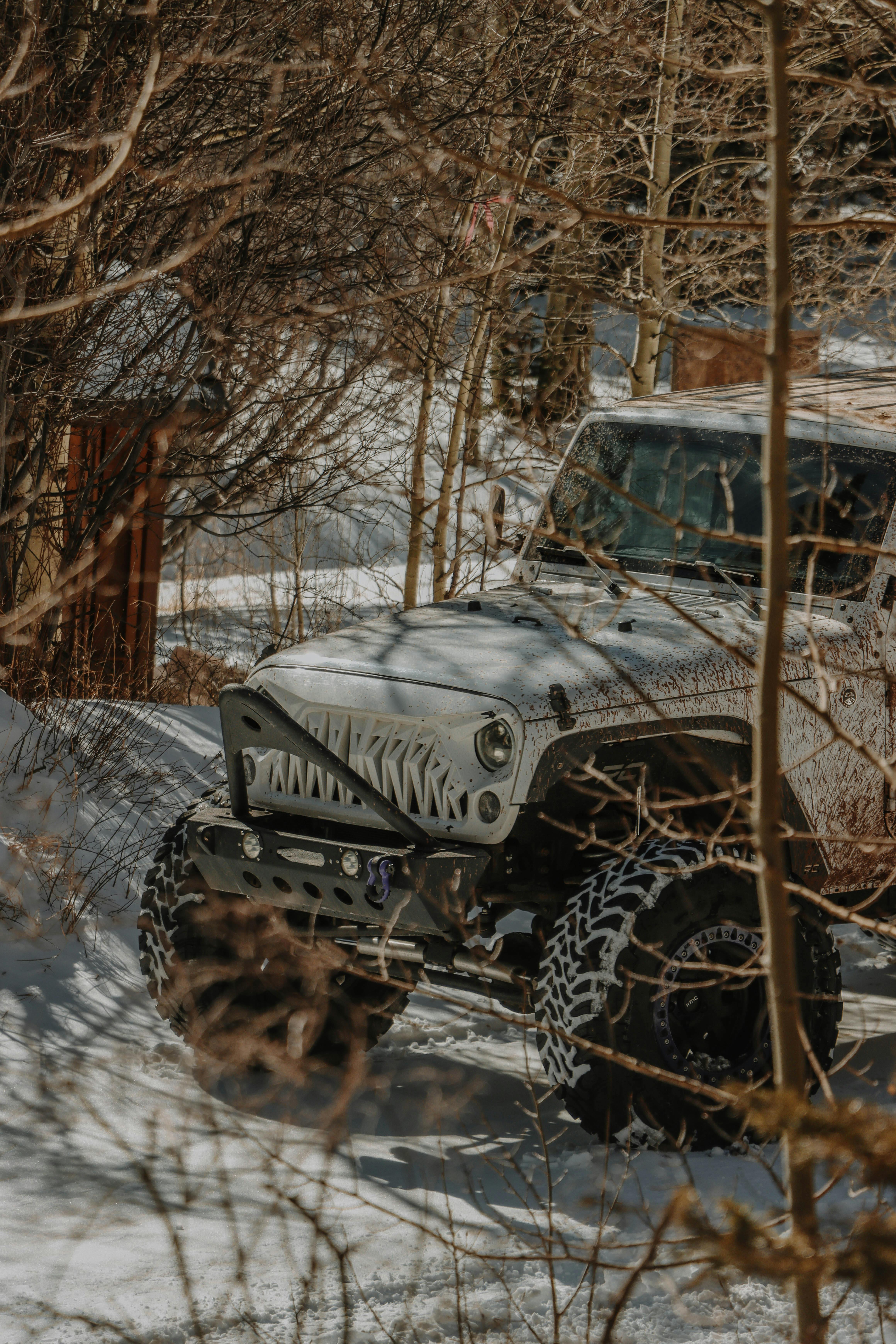 Offroad Car on Road in Winter Forest · Free Stock Photo