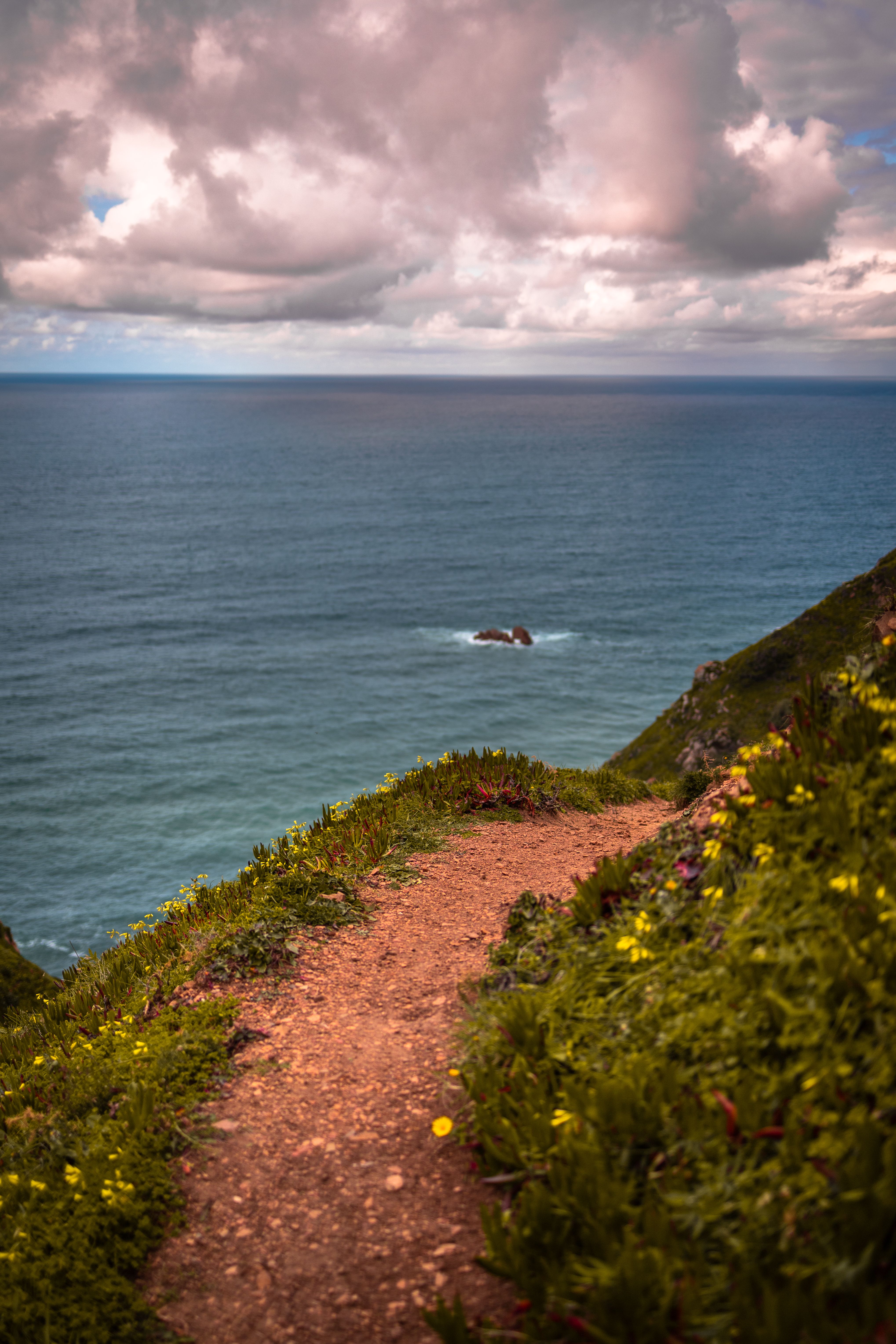 A path leading to the ocean with clouds in the sky · Free Stock Photo