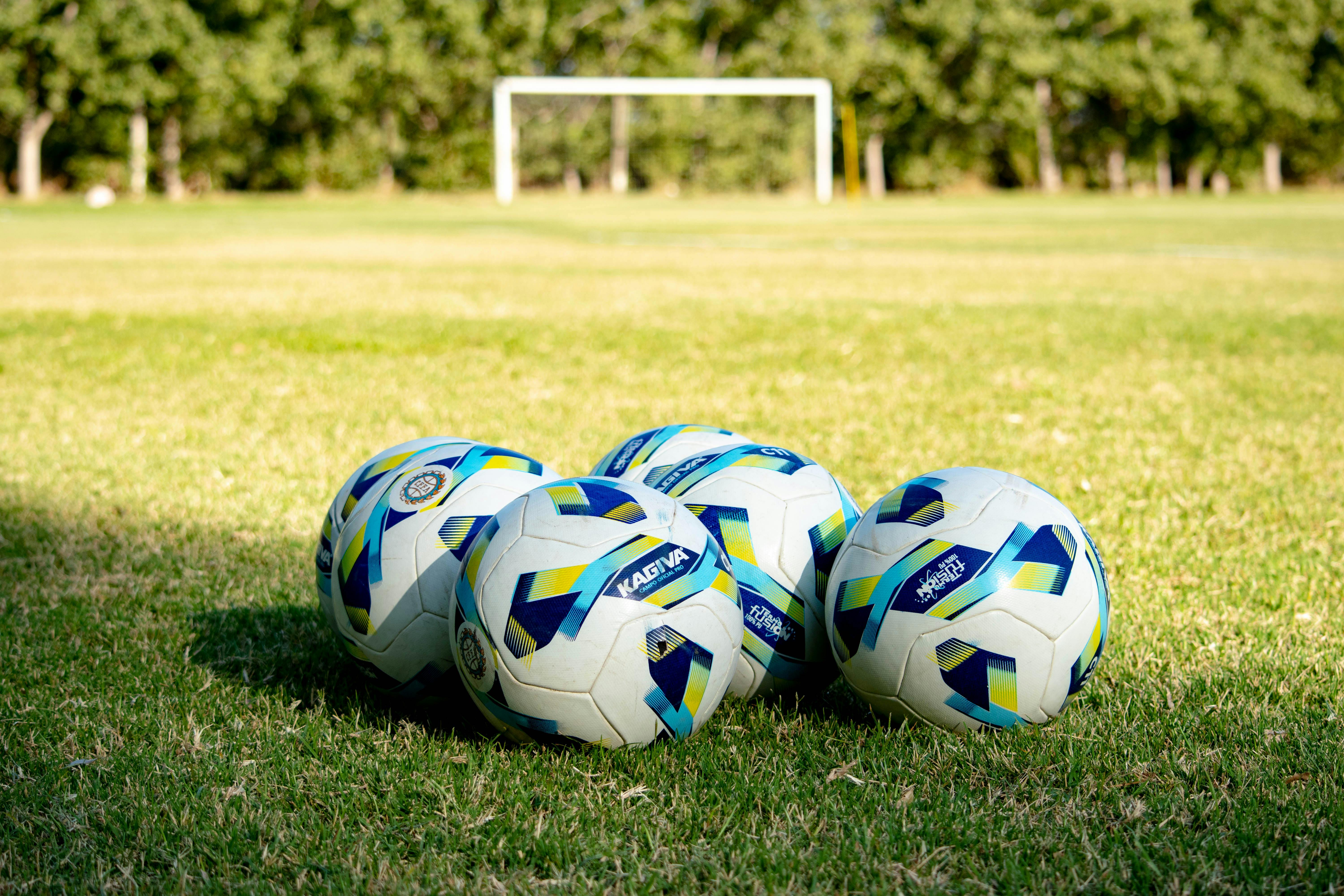Three soccer balls on the grass in front of a goal · Free Stock Photo