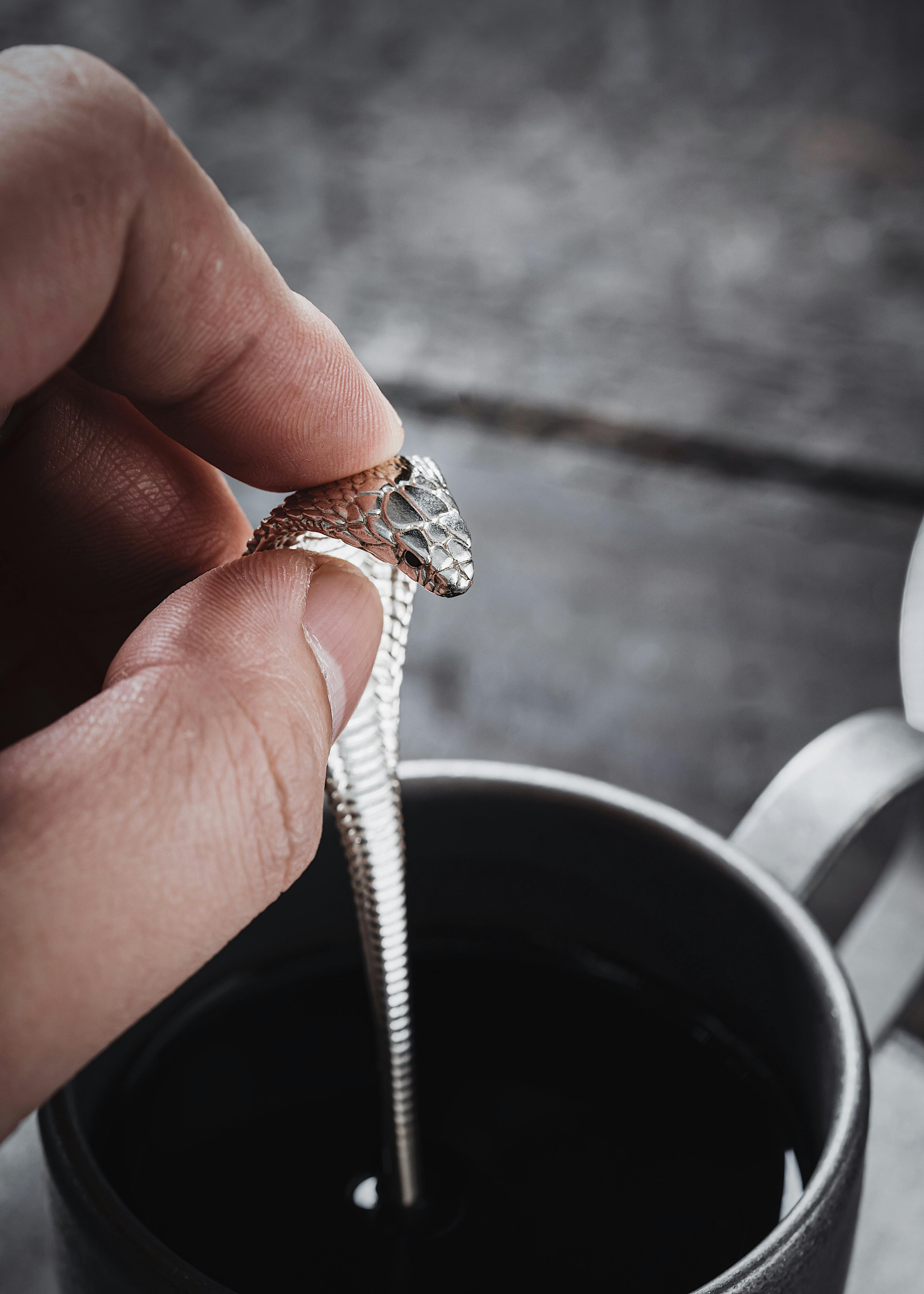 Hand Holding Silver Snake Spoon over Cup · Free Stock Photo