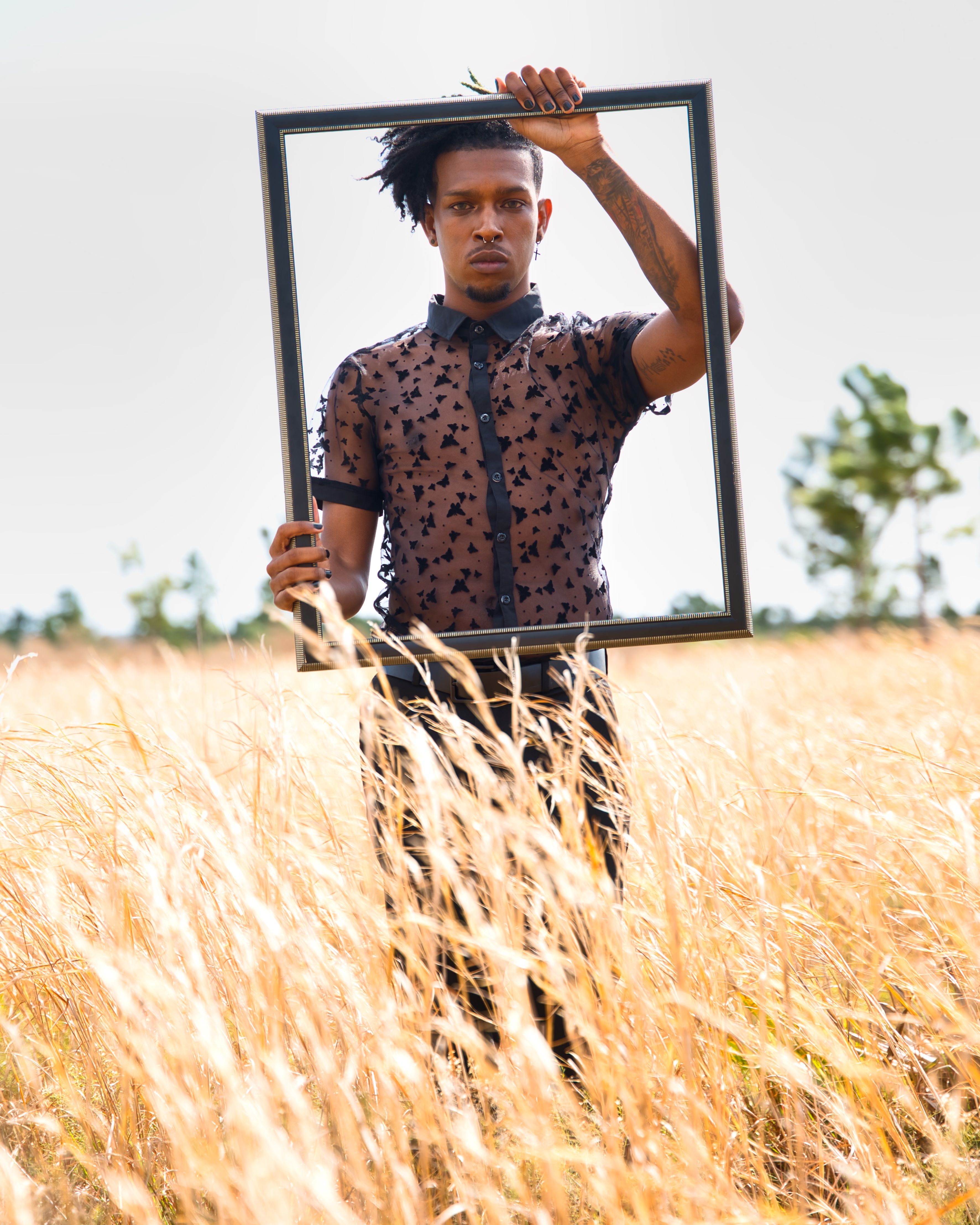 Man Posing with Frame on Meadow · Free Stock Photo
