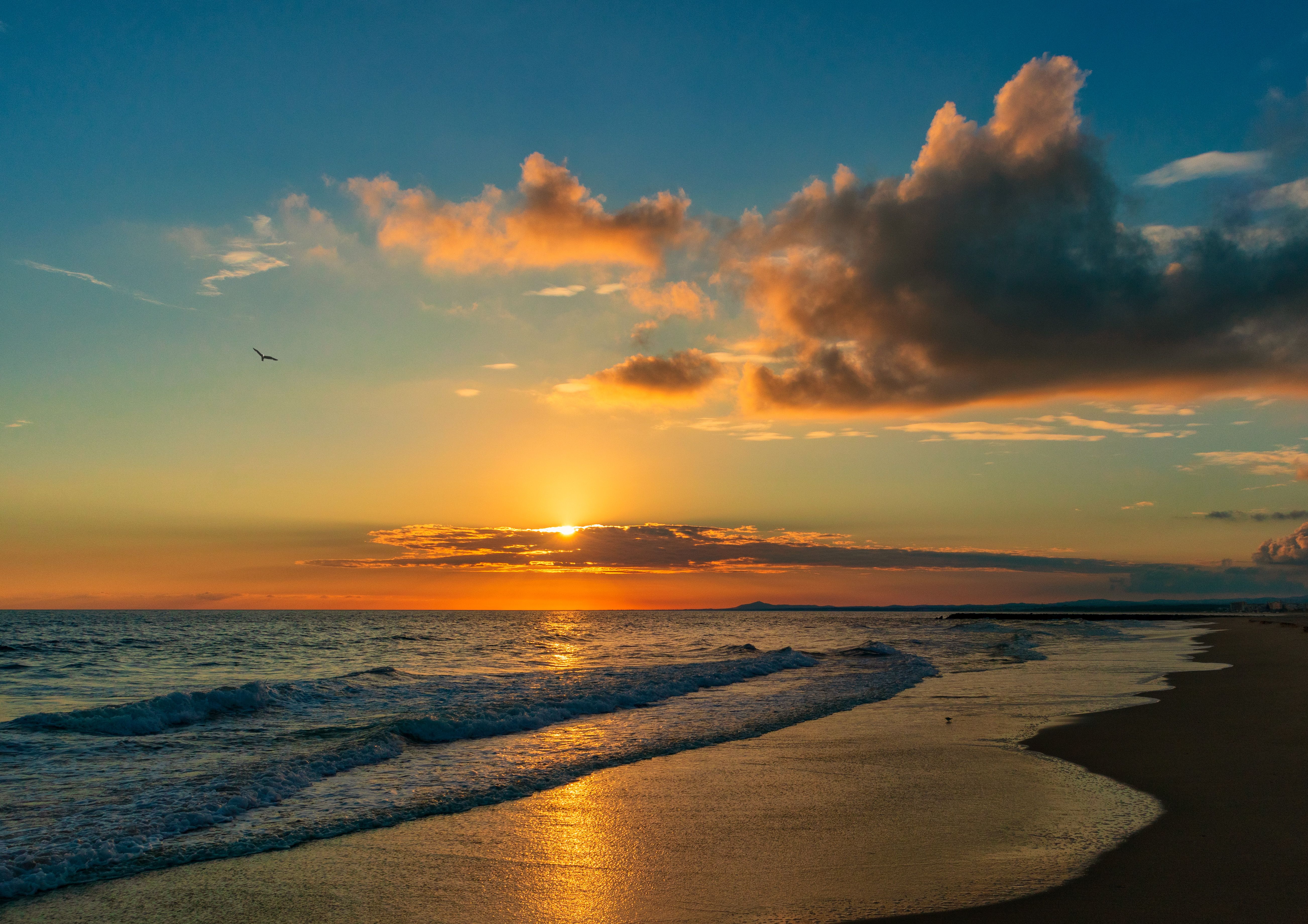 A sunset on the beach with waves and sand · Free Stock Photo