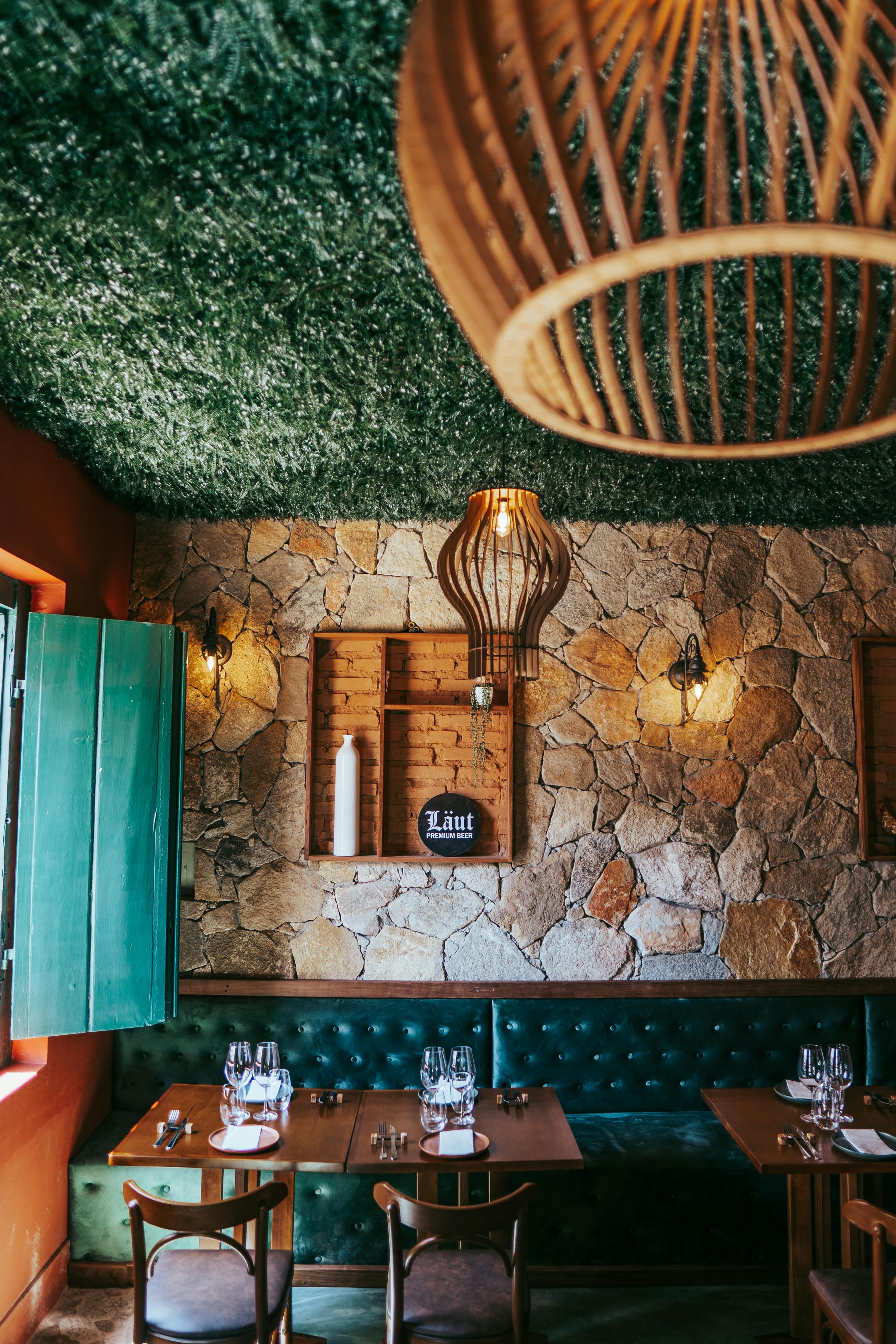 Artificial Grass on the Ceiling and Stone Wall in the Restaurant · Free ...