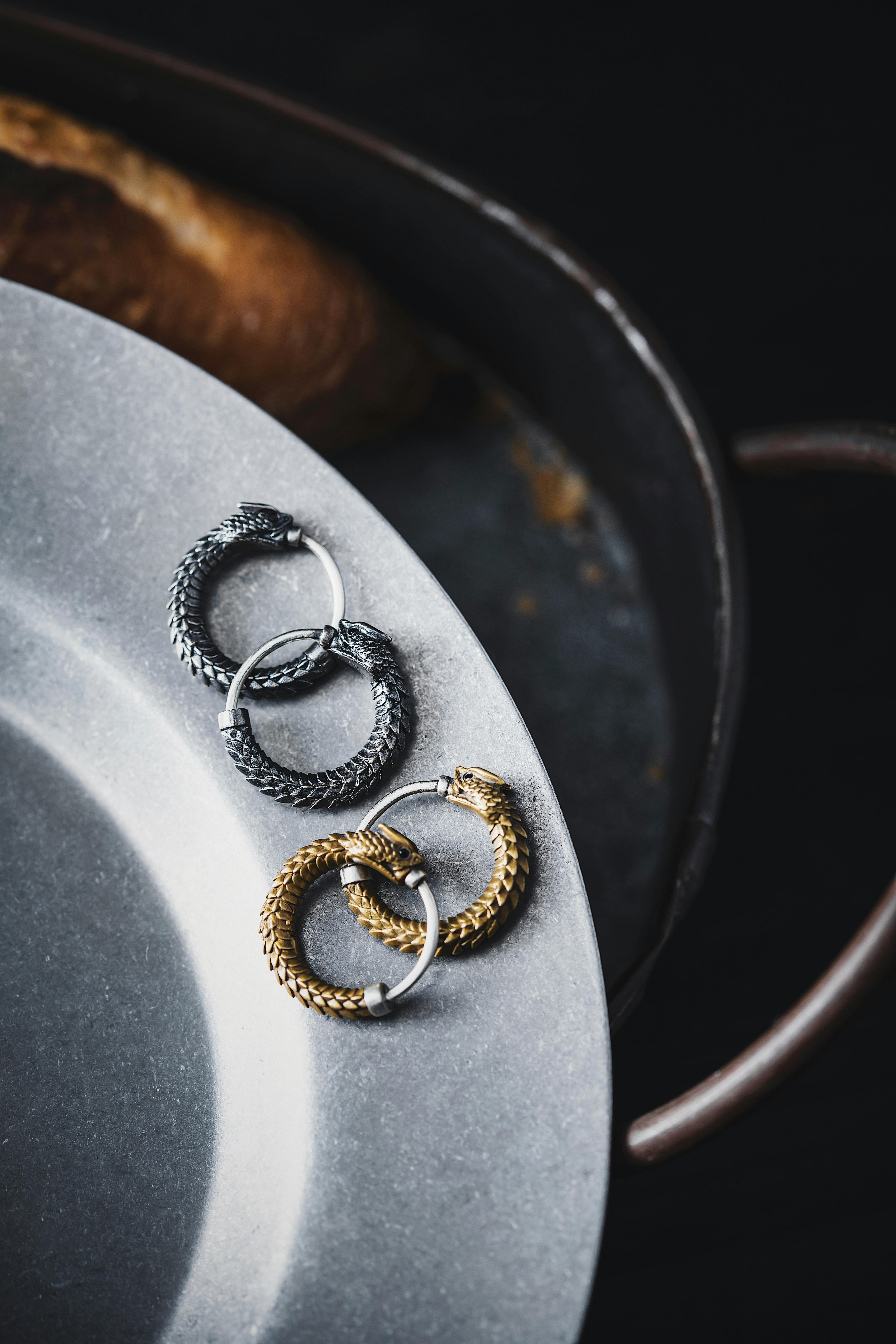 Golden and Silver Ouroboros Earring on Silver Plate · Free Stock Photo