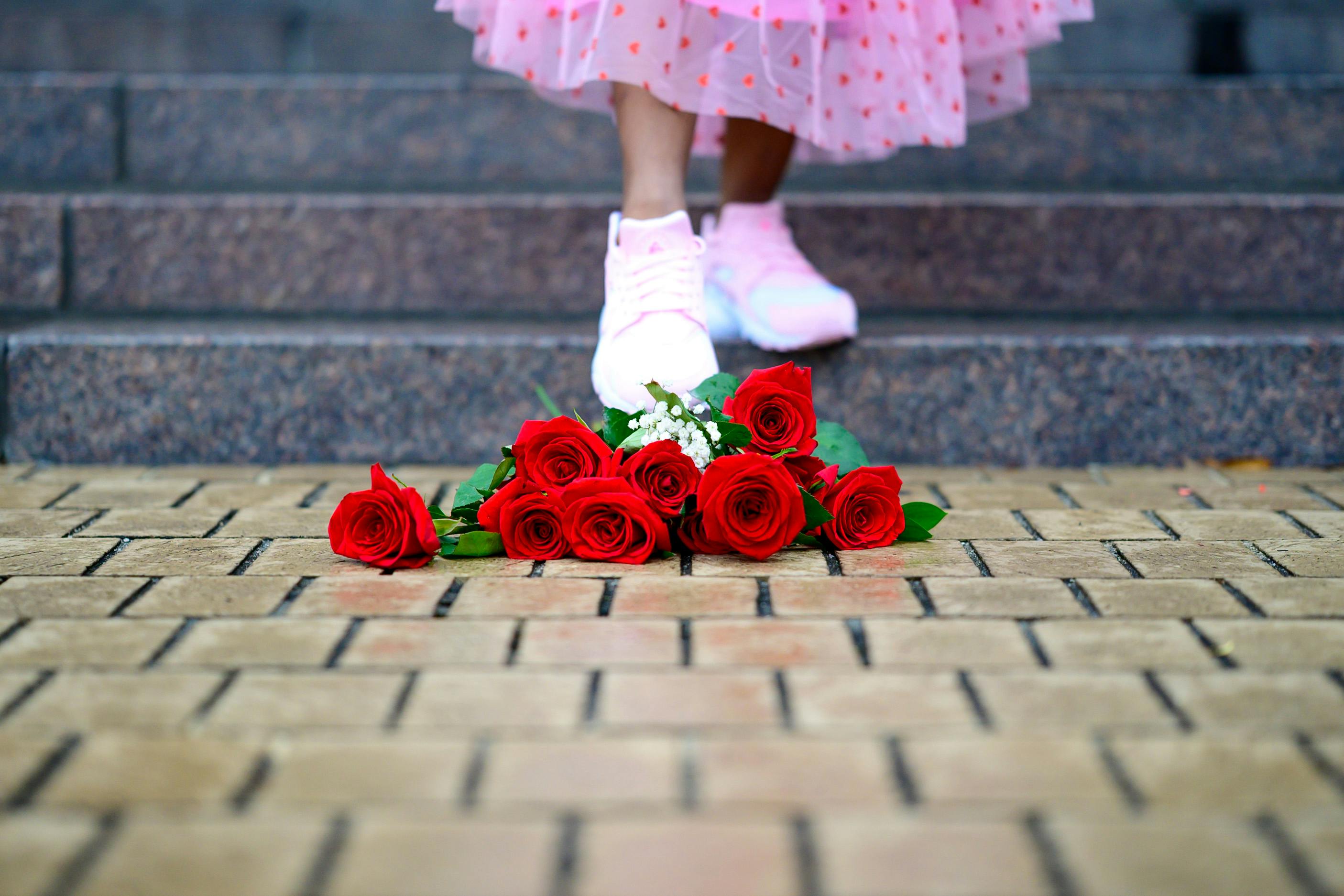 Bouquet of Red Roses Dropped on the Sidewalk Trampled by a Pink Sneaker ...