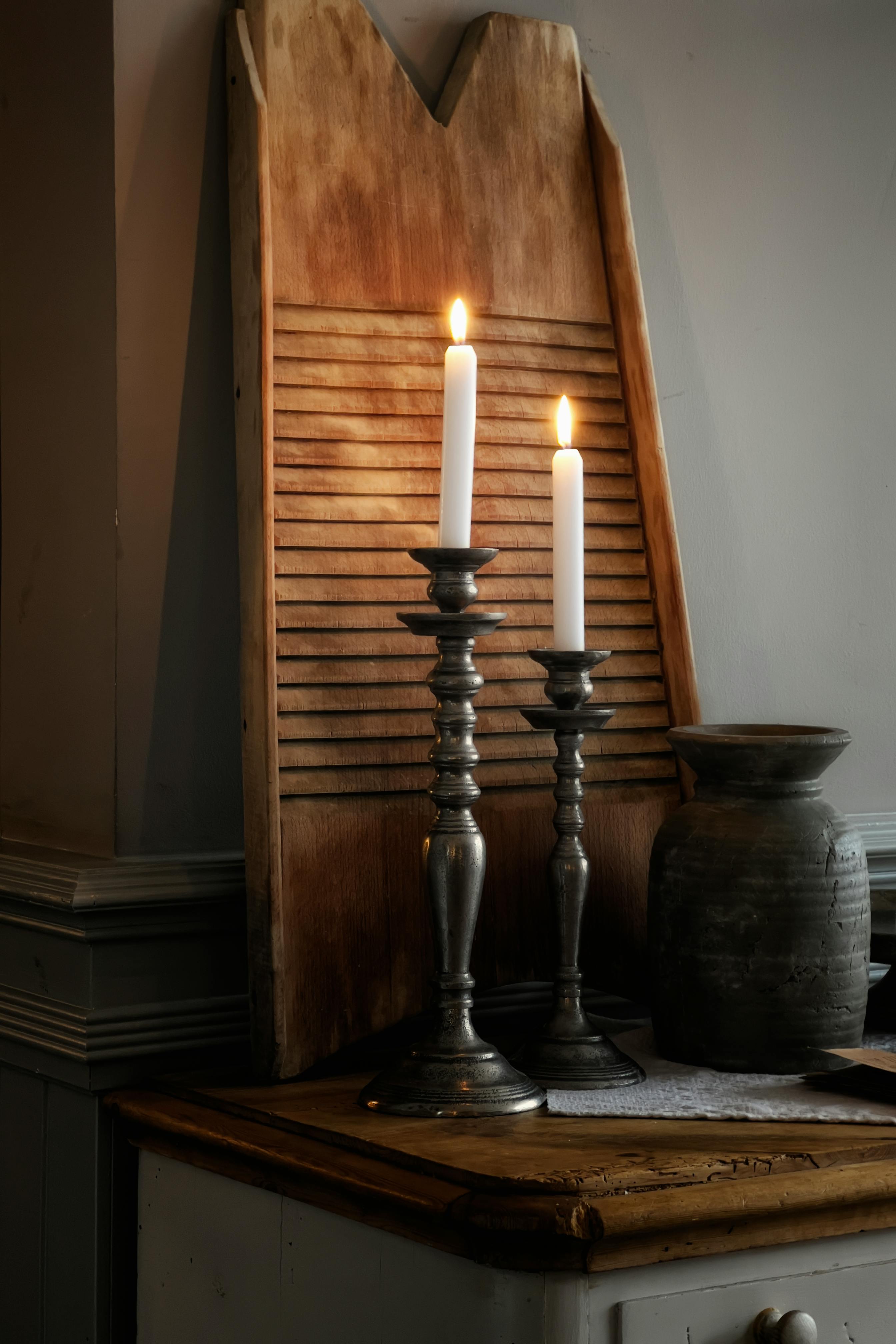 Vertical Candles in Candle Holders on a Retro Wooden Drawer · Free ...