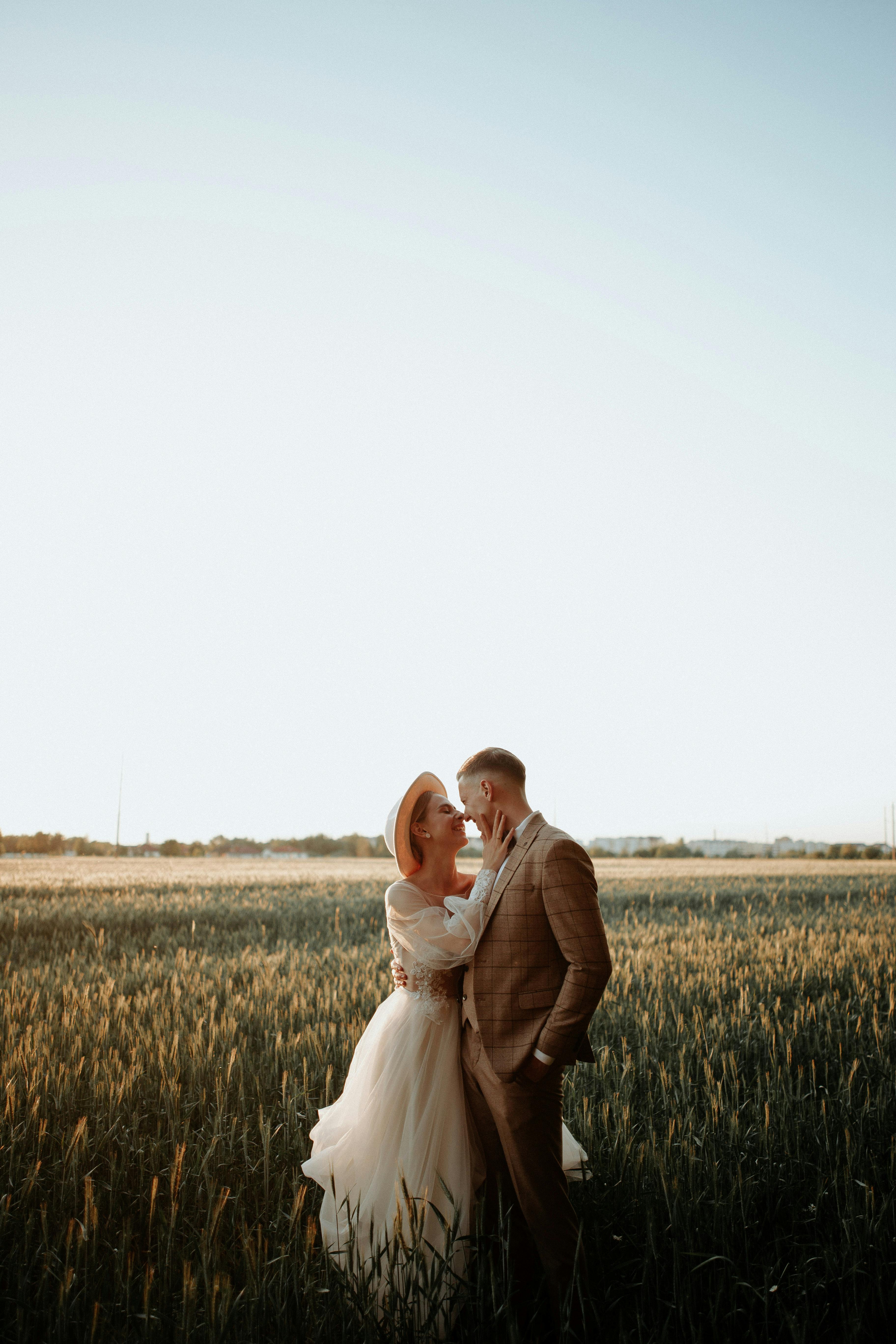 Sunlight over Hugging Newlyweds on Field · Free Stock Photo