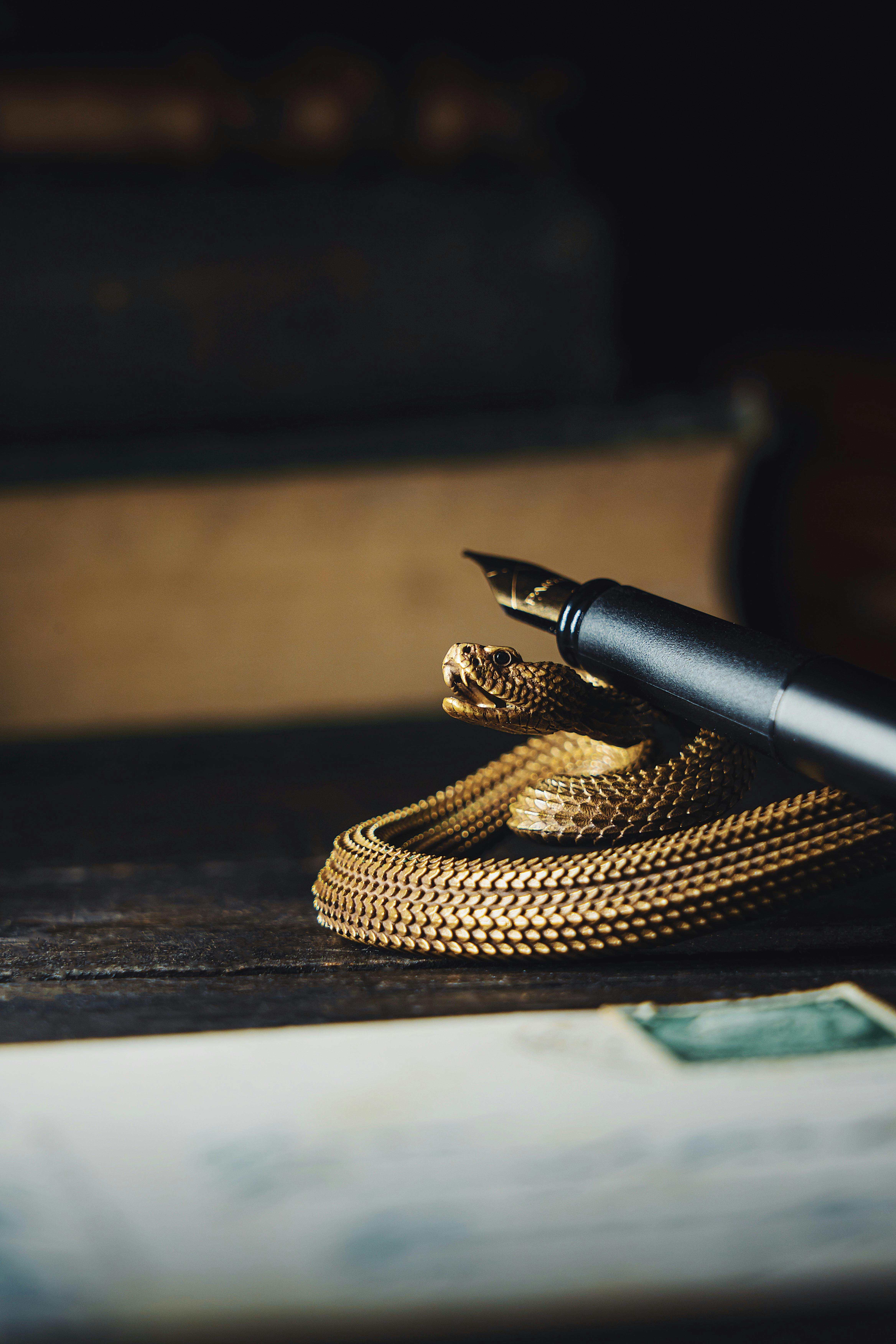 Pen on Bronze Snake near Envelope · Free Stock Photo