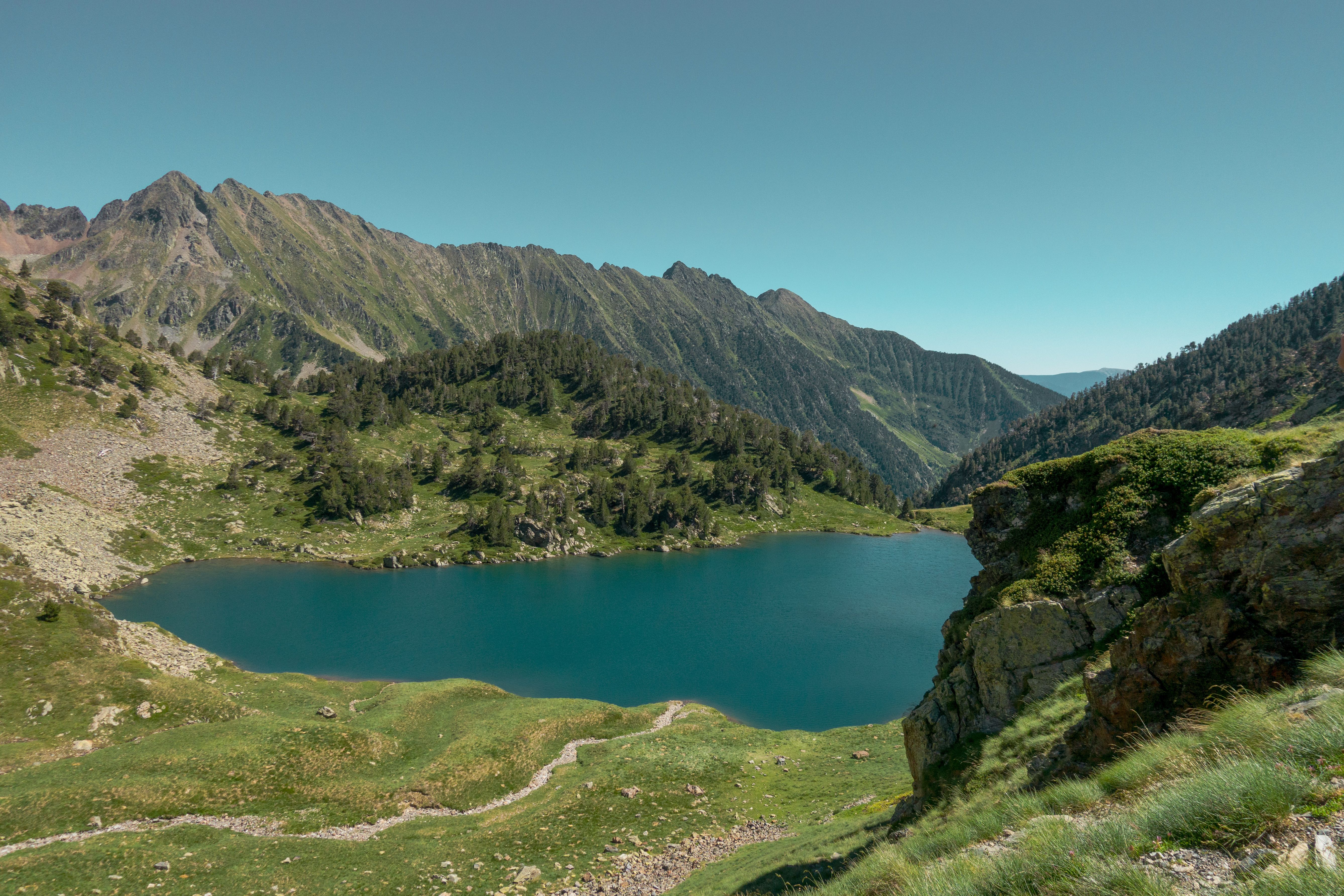Lake in Valley between Mountain Peaks · Free Stock Photo