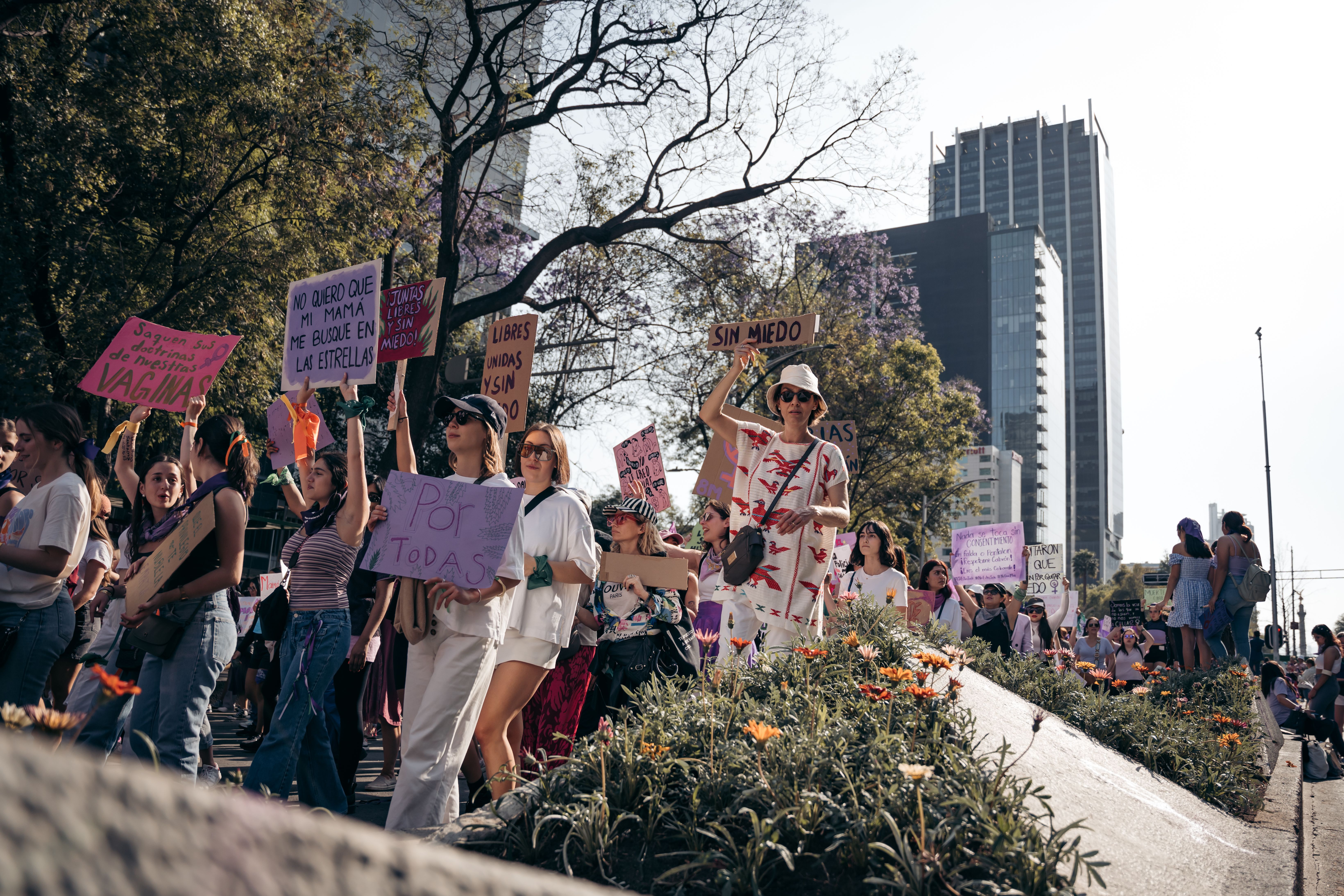 A group of people holding signs and walking on a sidewalk · Free Stock ...
