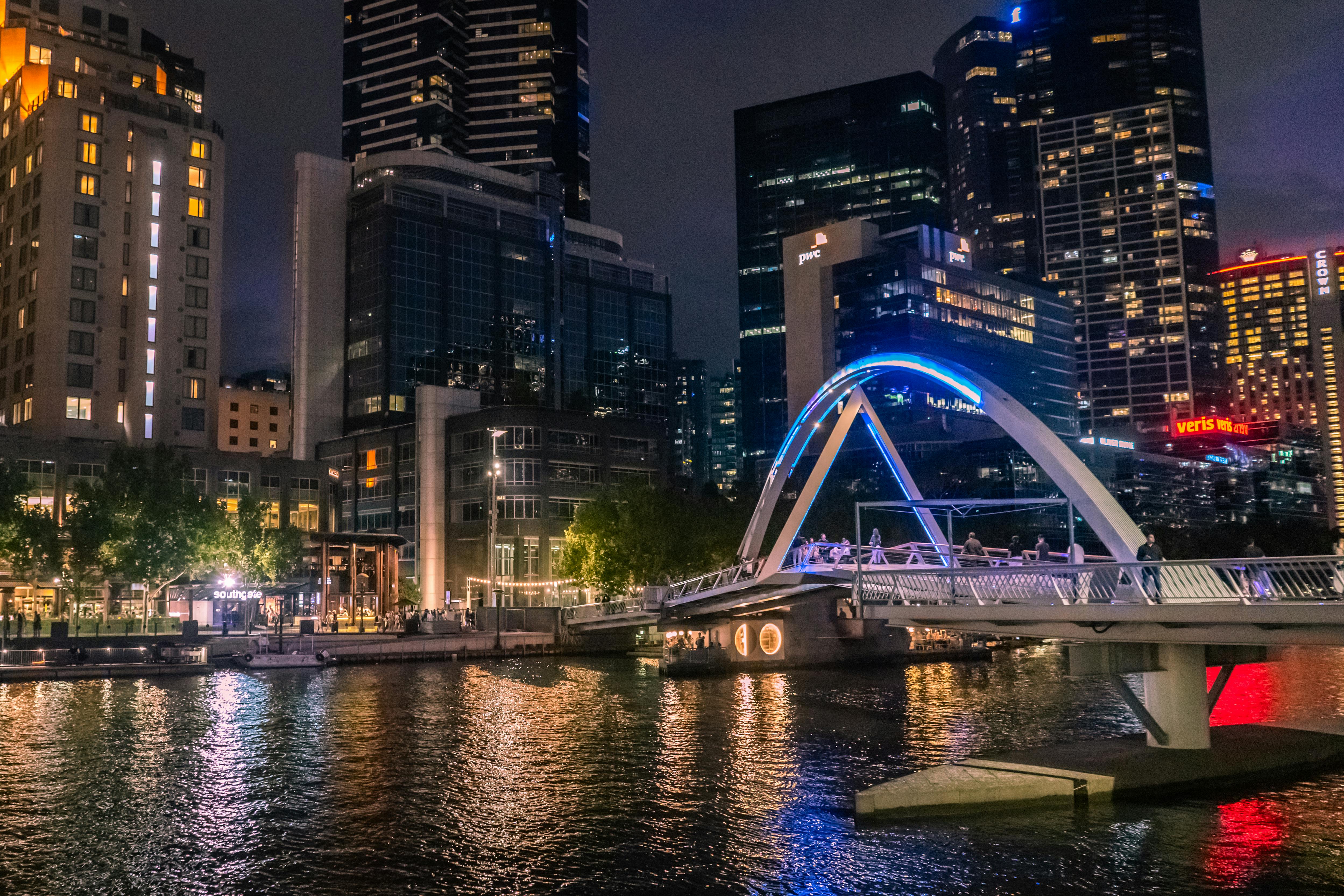 View of Illuminated Evan Walker Bridge in Downtown Melbourne, Australia ...