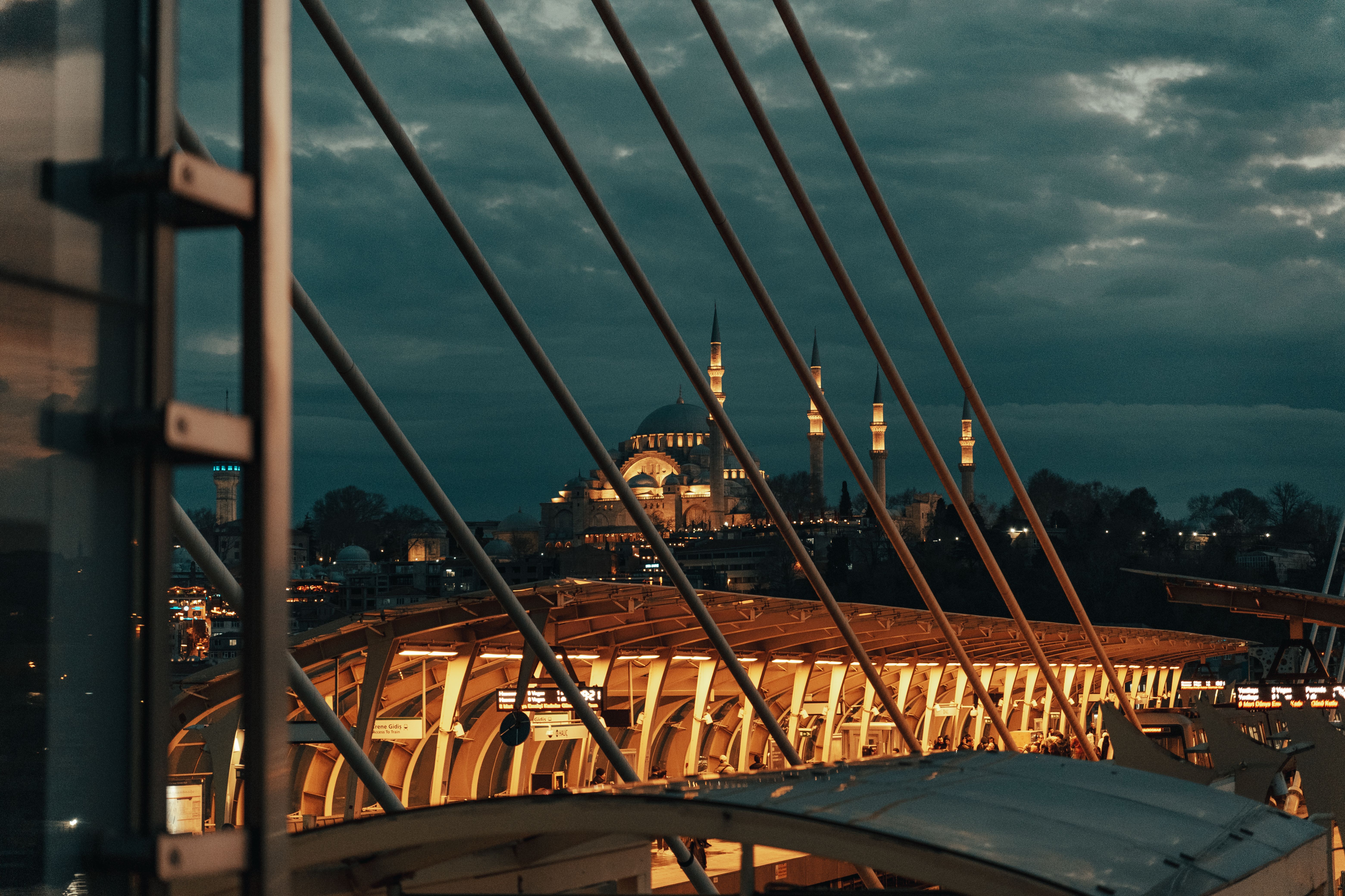 Night Photo of the Golden Horn Bridge in Istanbul with a Mosque in the ...