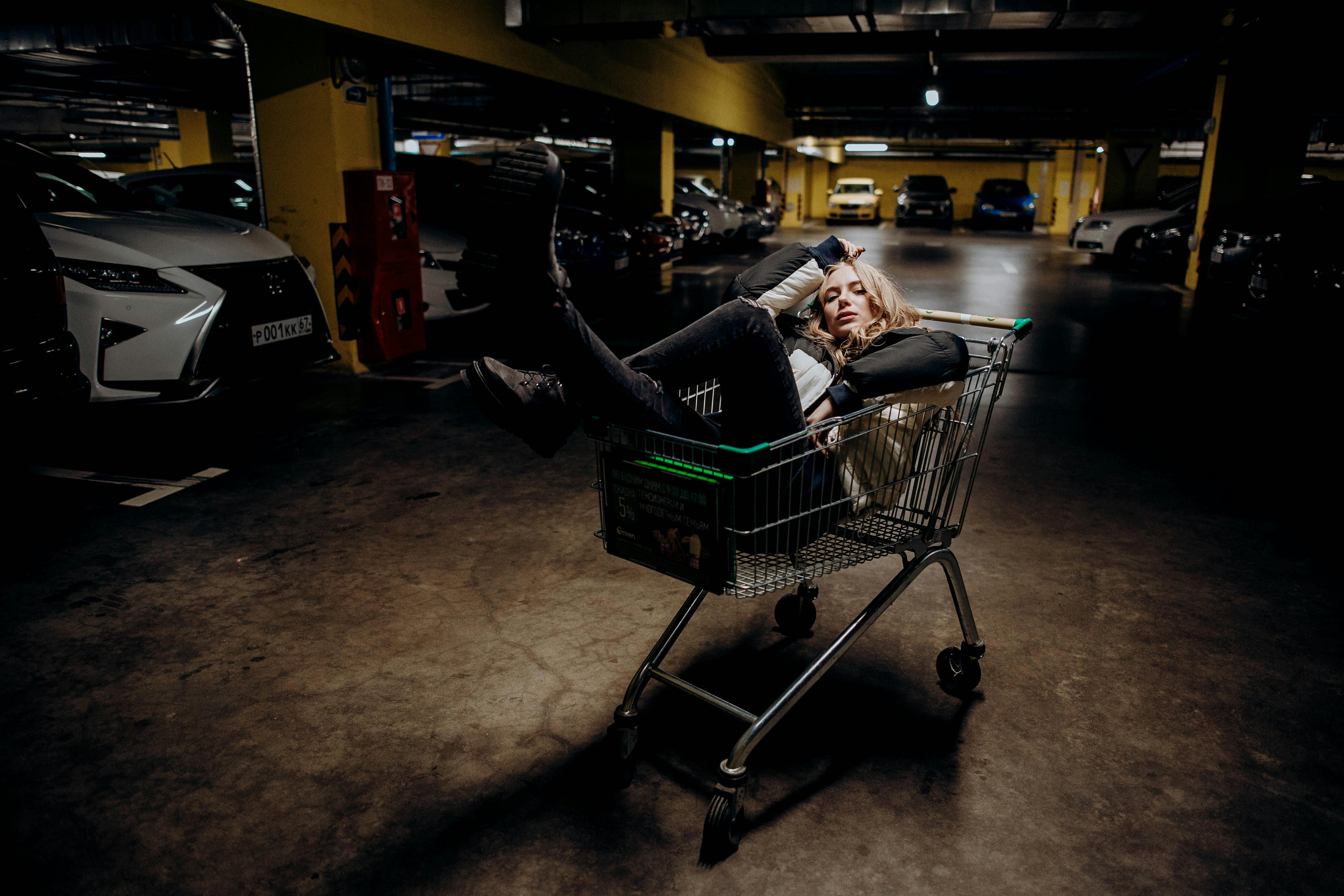 Blonde Woman Posing in Shopping Cart · Free Stock Photo