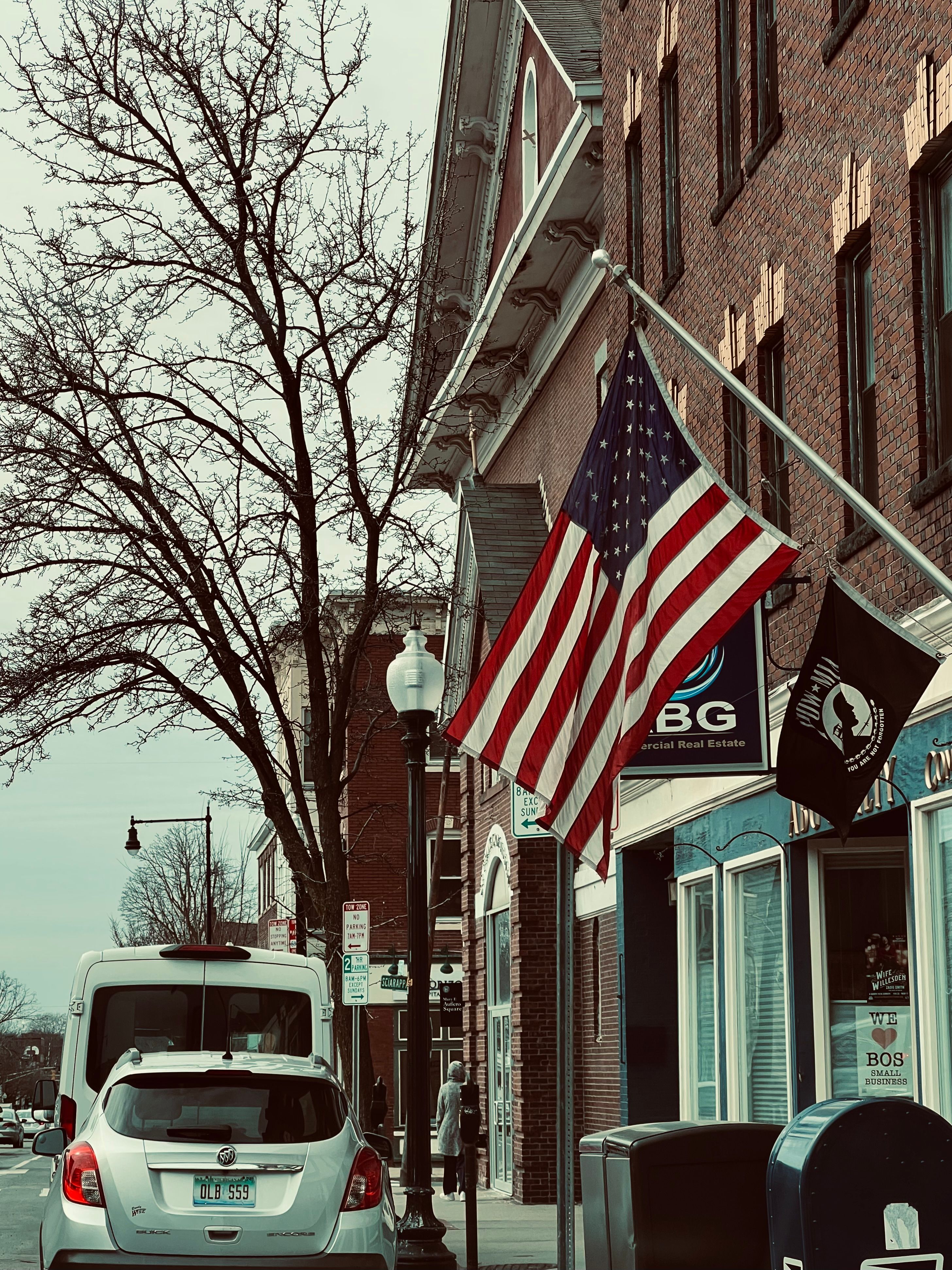 American Flags Decorating the Street in a Typical American Town · Free ...